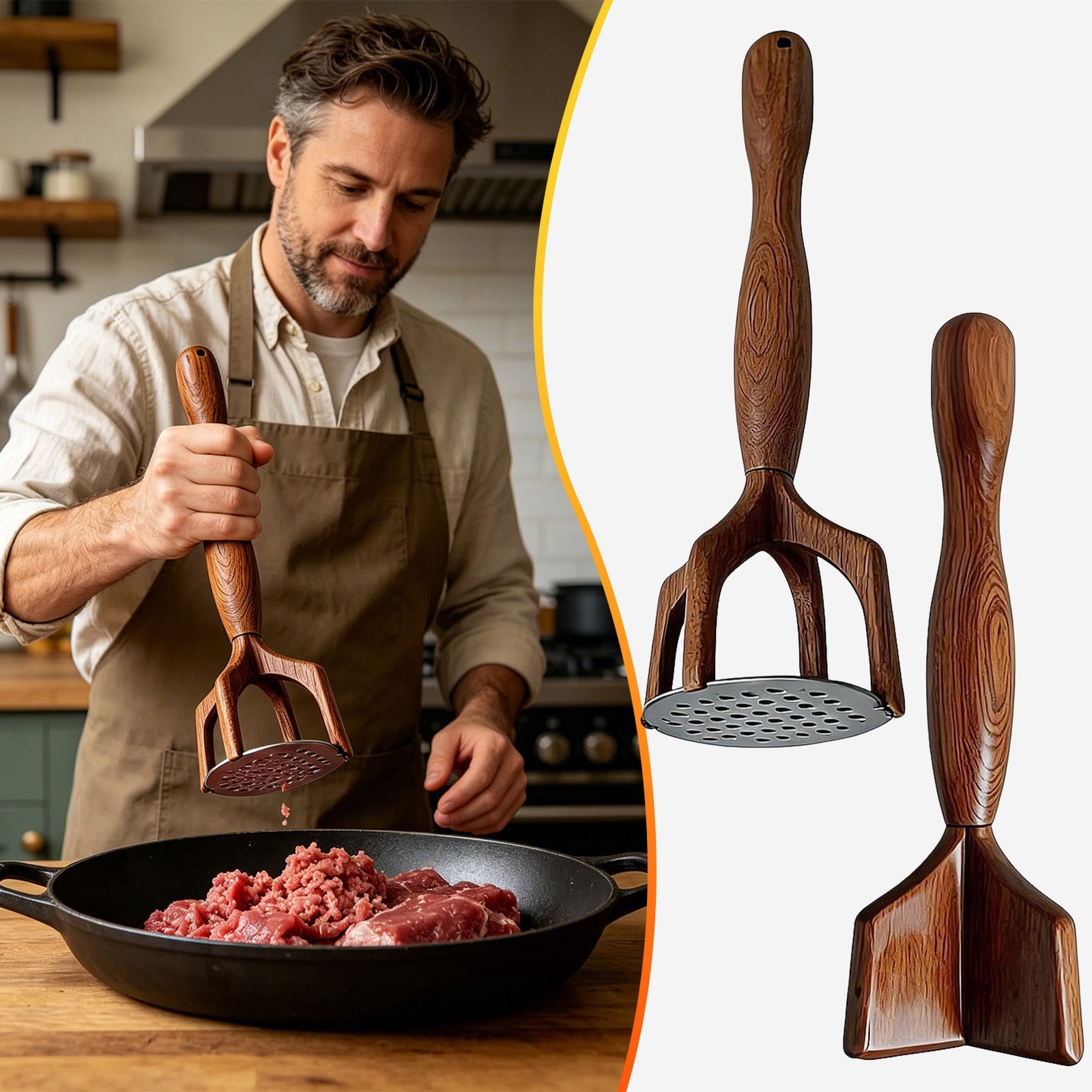 HomelyJoy Sapele Wood Ground Beef Masher, Non Scratch Meat Chopper for ...