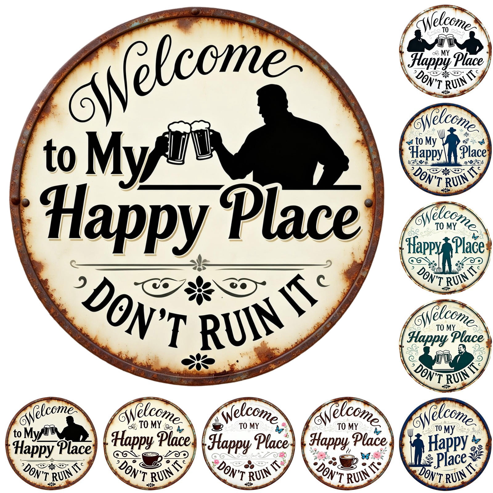HomelyJoy Welcome to My Happy Place Wall Sign, Vintage Round Metal Tin ...