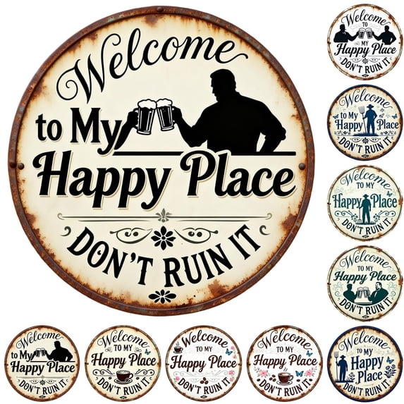 HomelyJoy Welcome to My Happy Place Wall Sign, Vintage Round Metal Tin ...