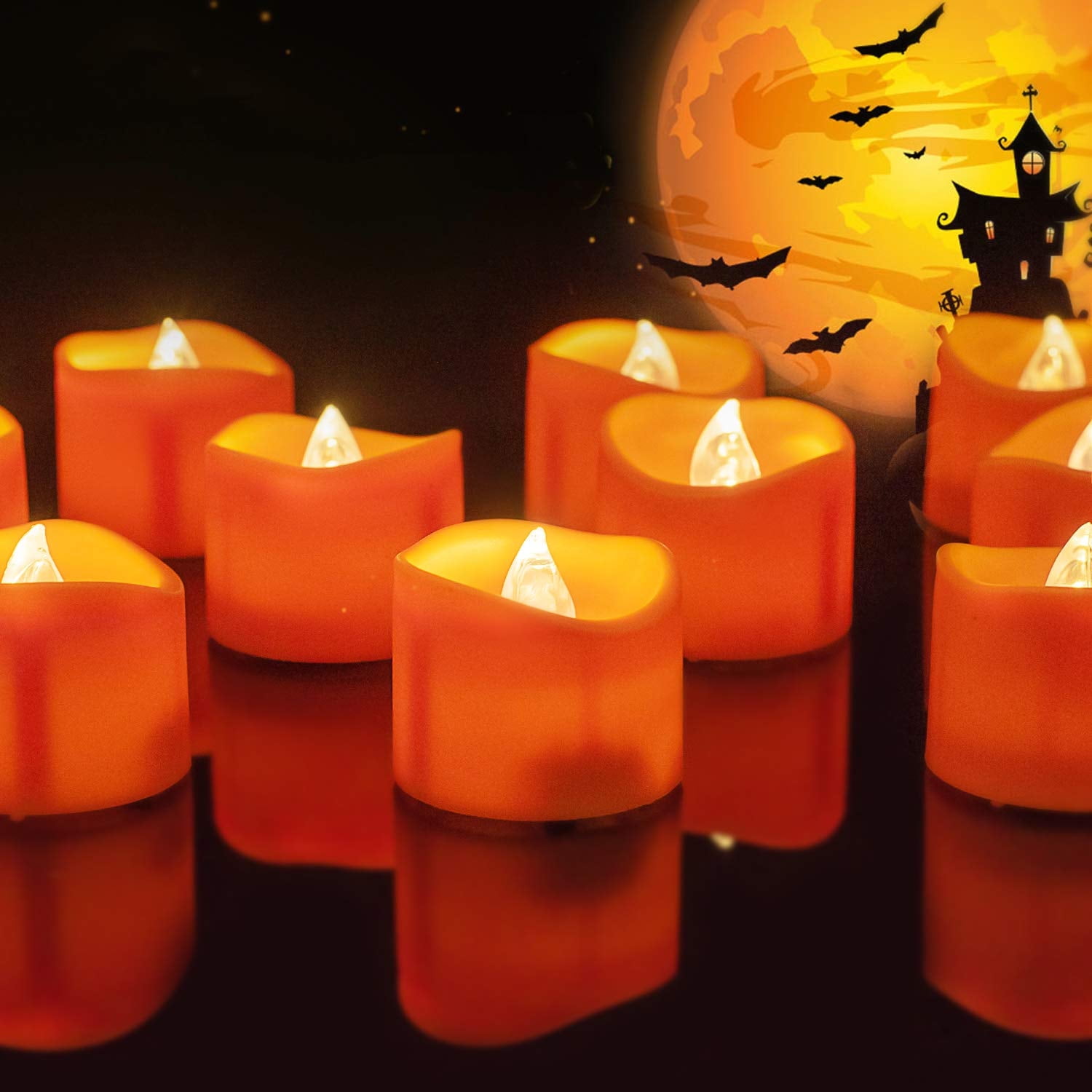 Homemory 24 Pack Halloween Orange LED Tealights, Flameless Flickering ...