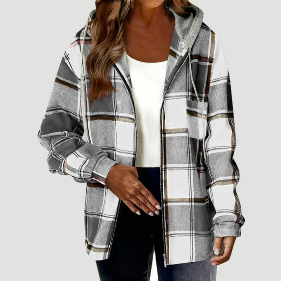 Homenesgenics Jackets for Women Plus Size Flannel Casual Fleece Plaid ...