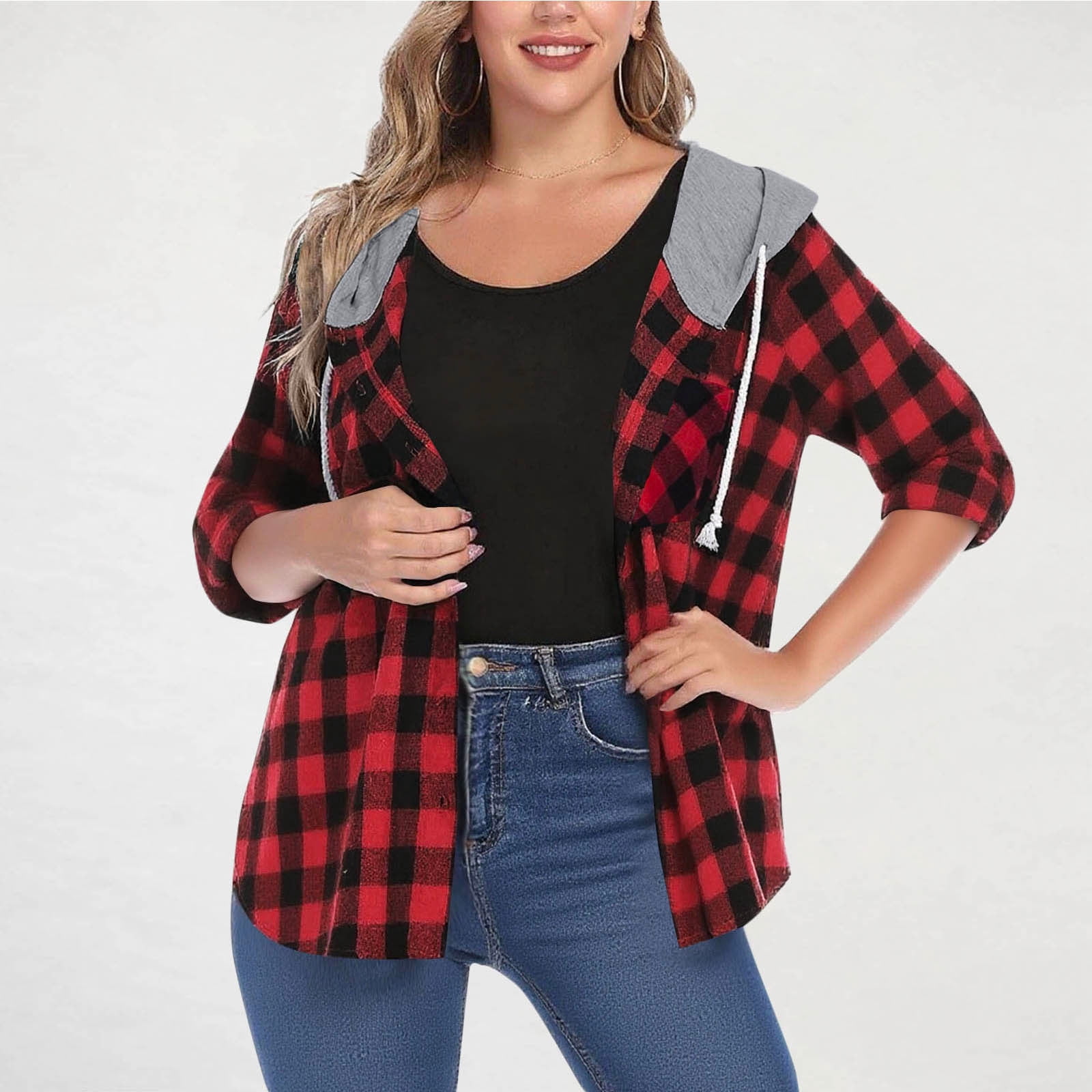 Homenesgenics Jackets for Women Plus Size Flannel Casual Fleece Plaid ...