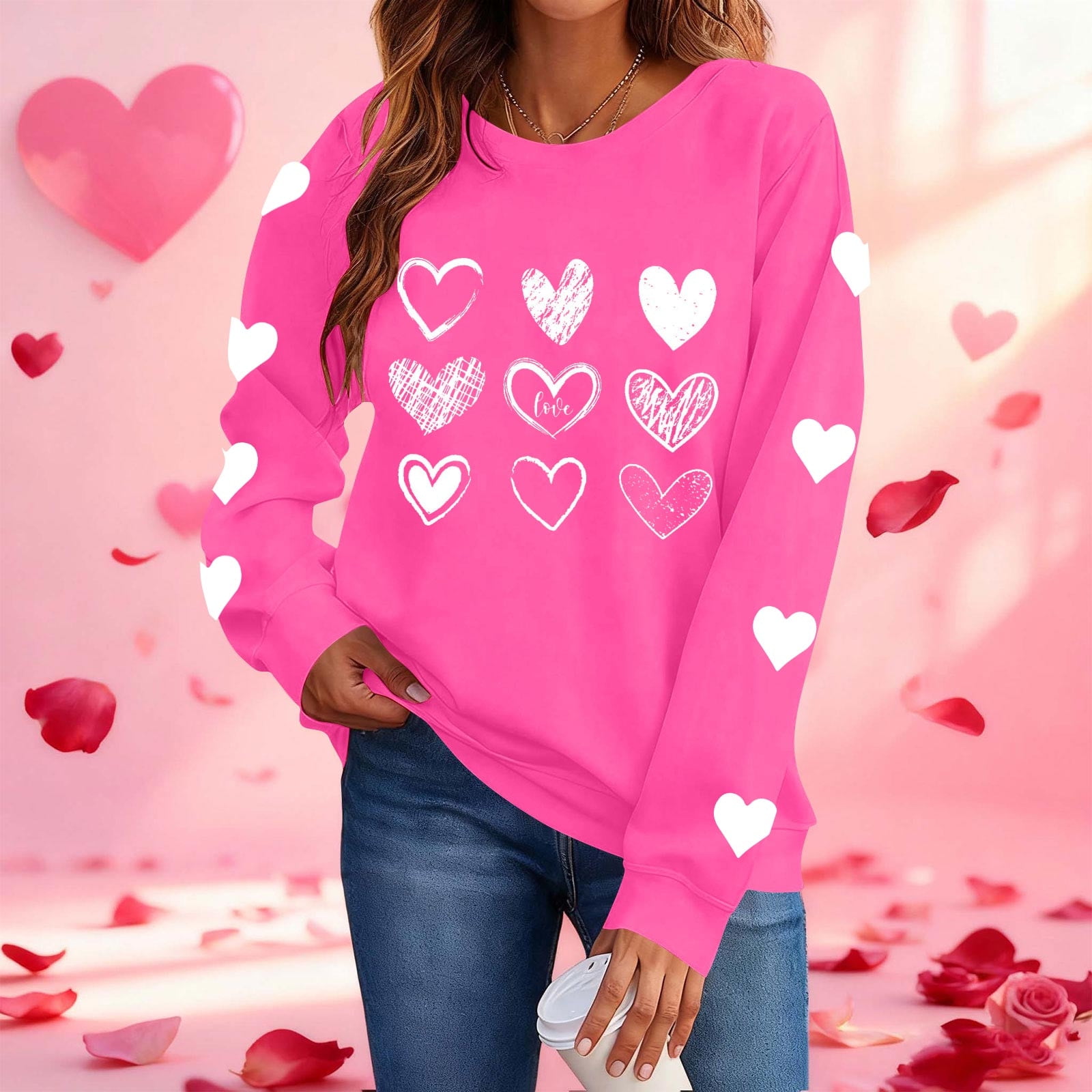 Homenesgenics Valentines Day Clothes Women Round Neck Hearted Printed ...