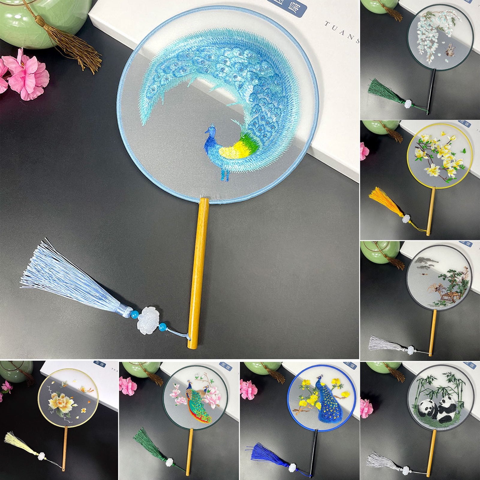 Homerr Bamboo Round Fan Silk-wrapped Fan Chinese Embroidered Round Fan ...