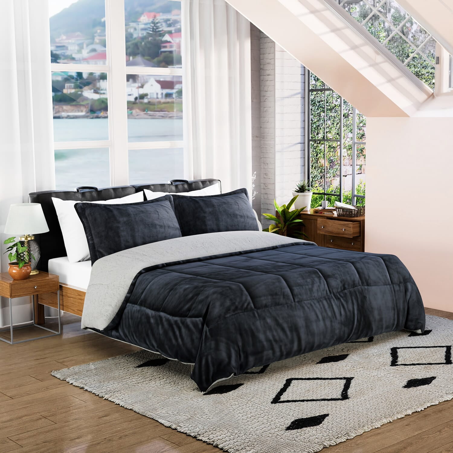 Homesmart Gray 3 Layer Quilted Microfiber Flannel Sherpa Comforter Set ...