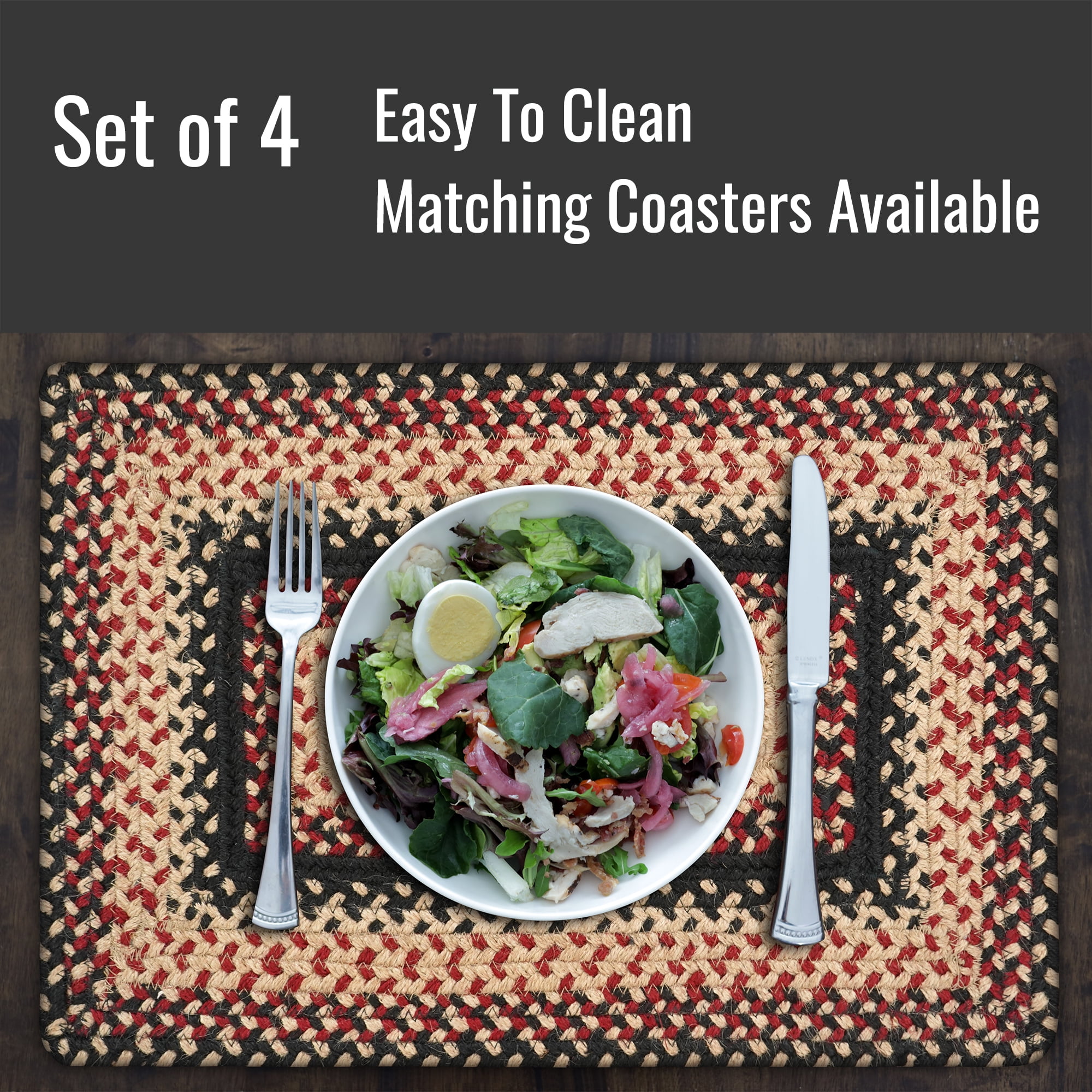 Homespice Gloucester Jute Braided Vintage Placemat 13" x 19" Rect. ( Pack Of 4 ) Black Table ...