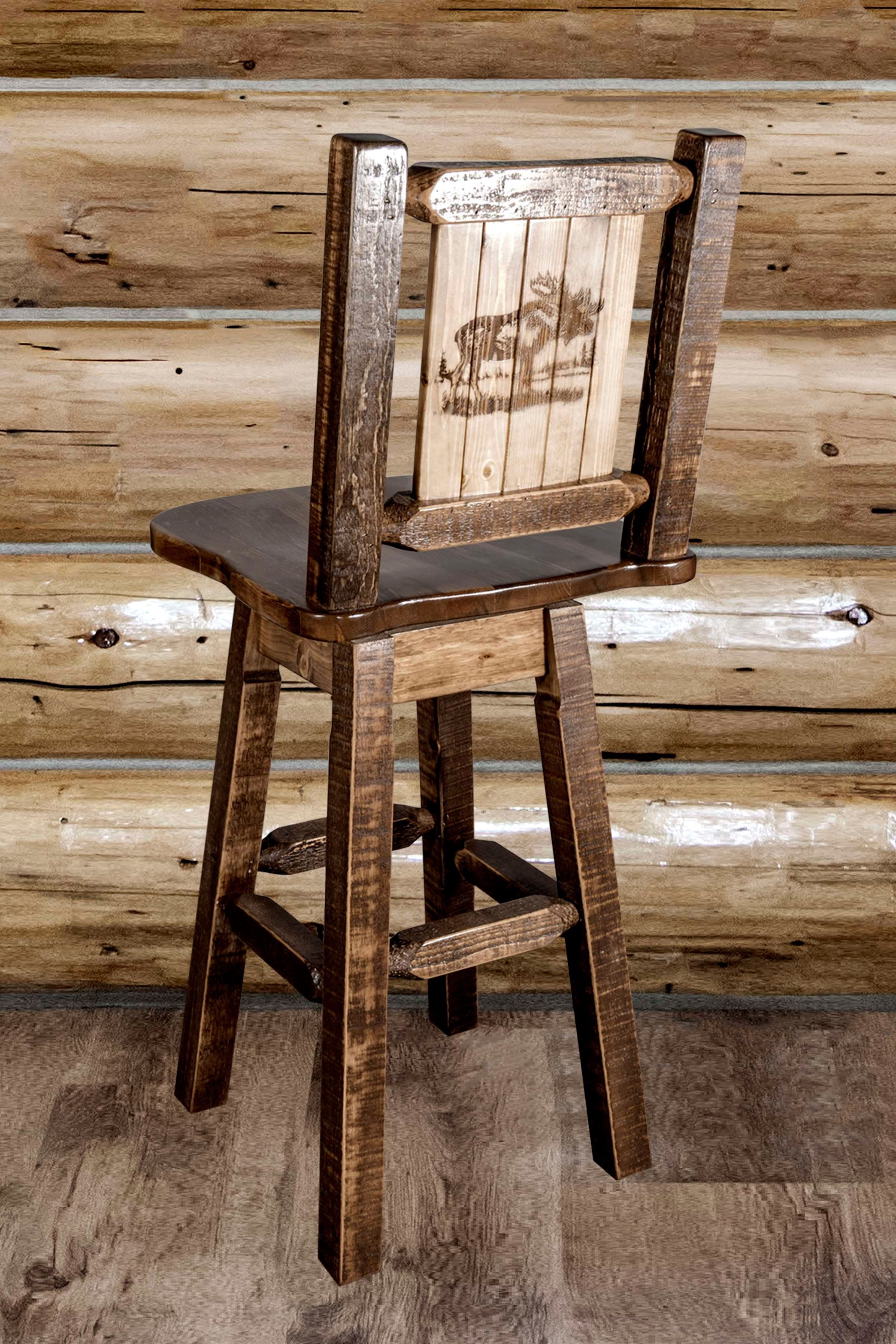 Homestead Collection Barstool w/ Back & Swivel w/ Laser Engraved Moose ...