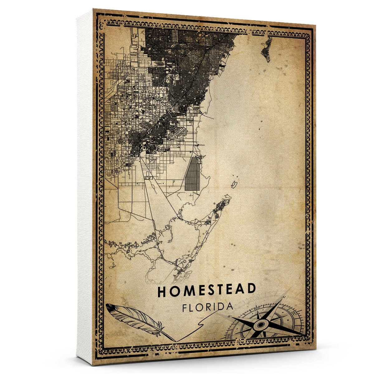Homestead Vintage Map Prints Canvas, Florida Map Art Canvas, Canvas ...