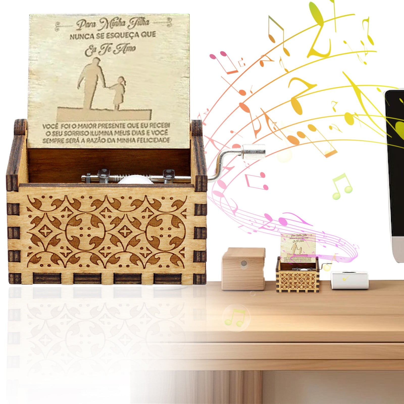 Homesteed Hand Cranked Music Box Antique Wood Carved Portable Mini ...