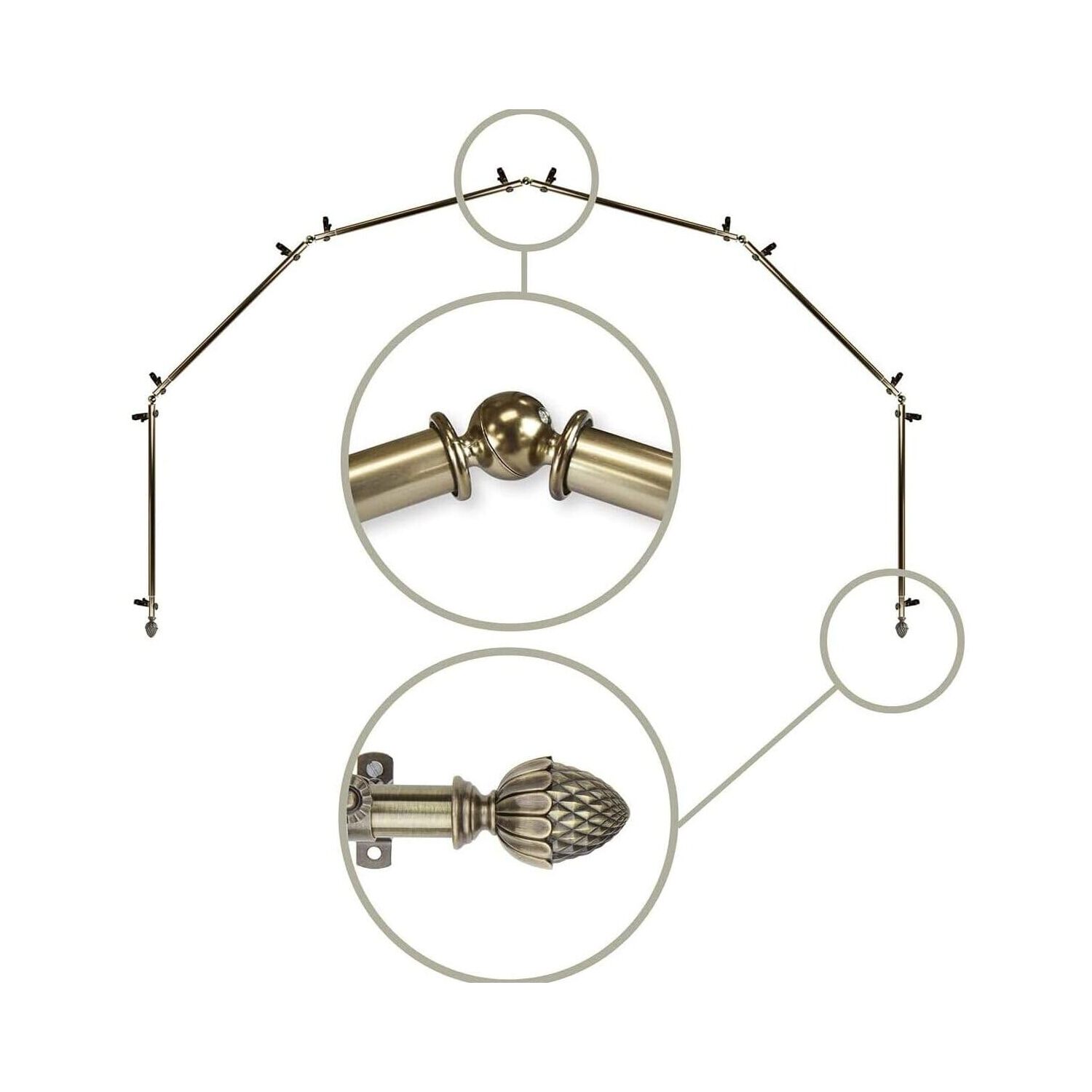 Homestock Antique 13/16 Inch 6 Sided Bay Window Single Curtain Rod ...