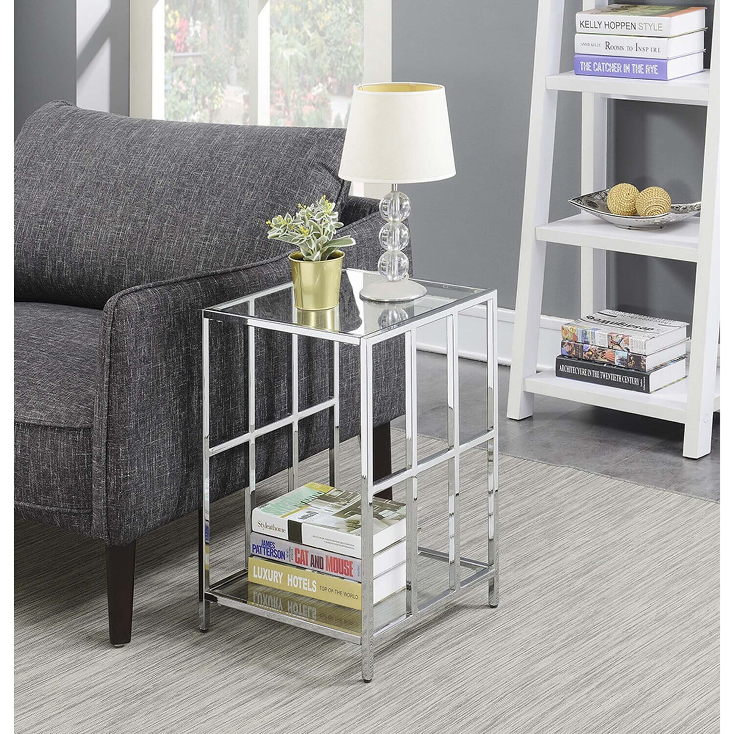 Art Deco End Table - Clear Glass & Chrome Accent Table - Living Room ...