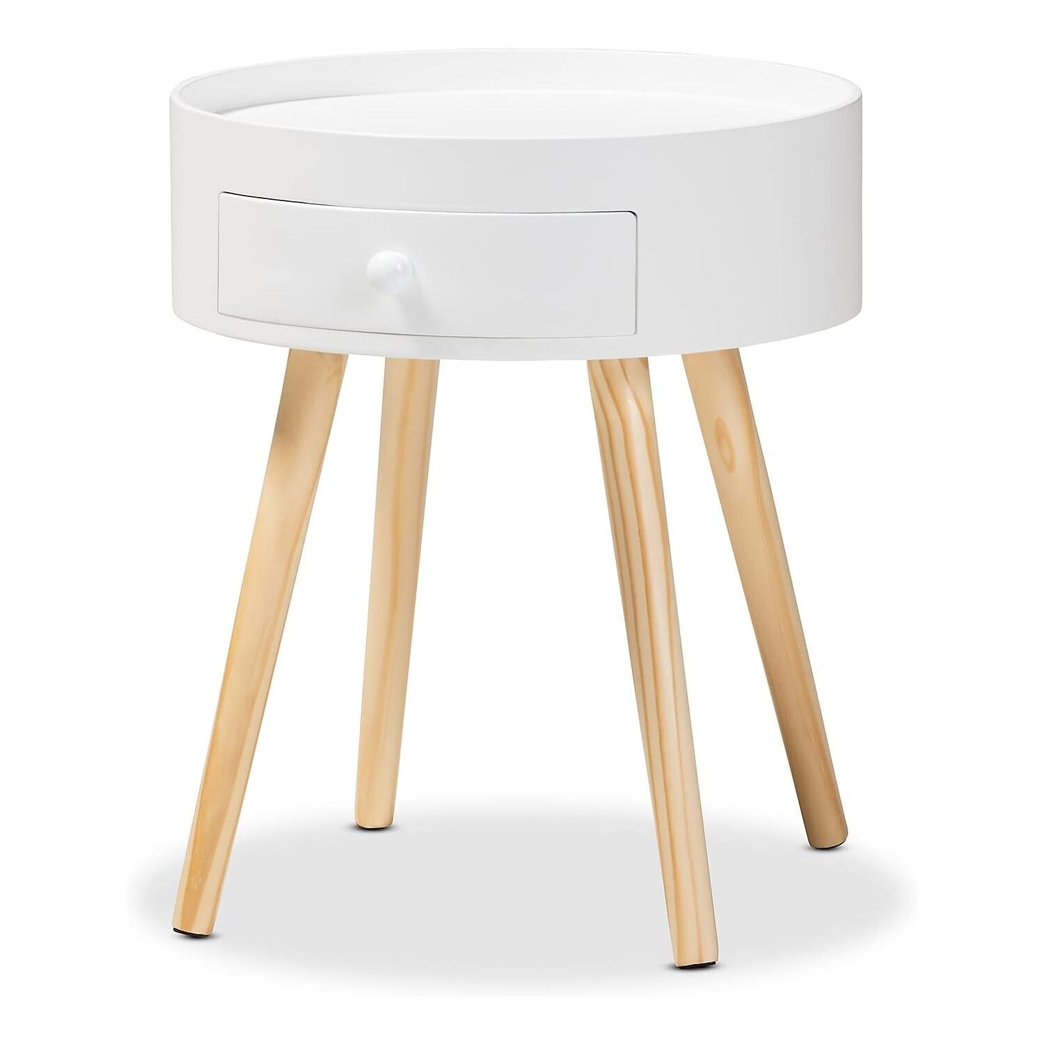 Modern Round Nightstand - White Bedside Table with Drawer - Mid Century ...