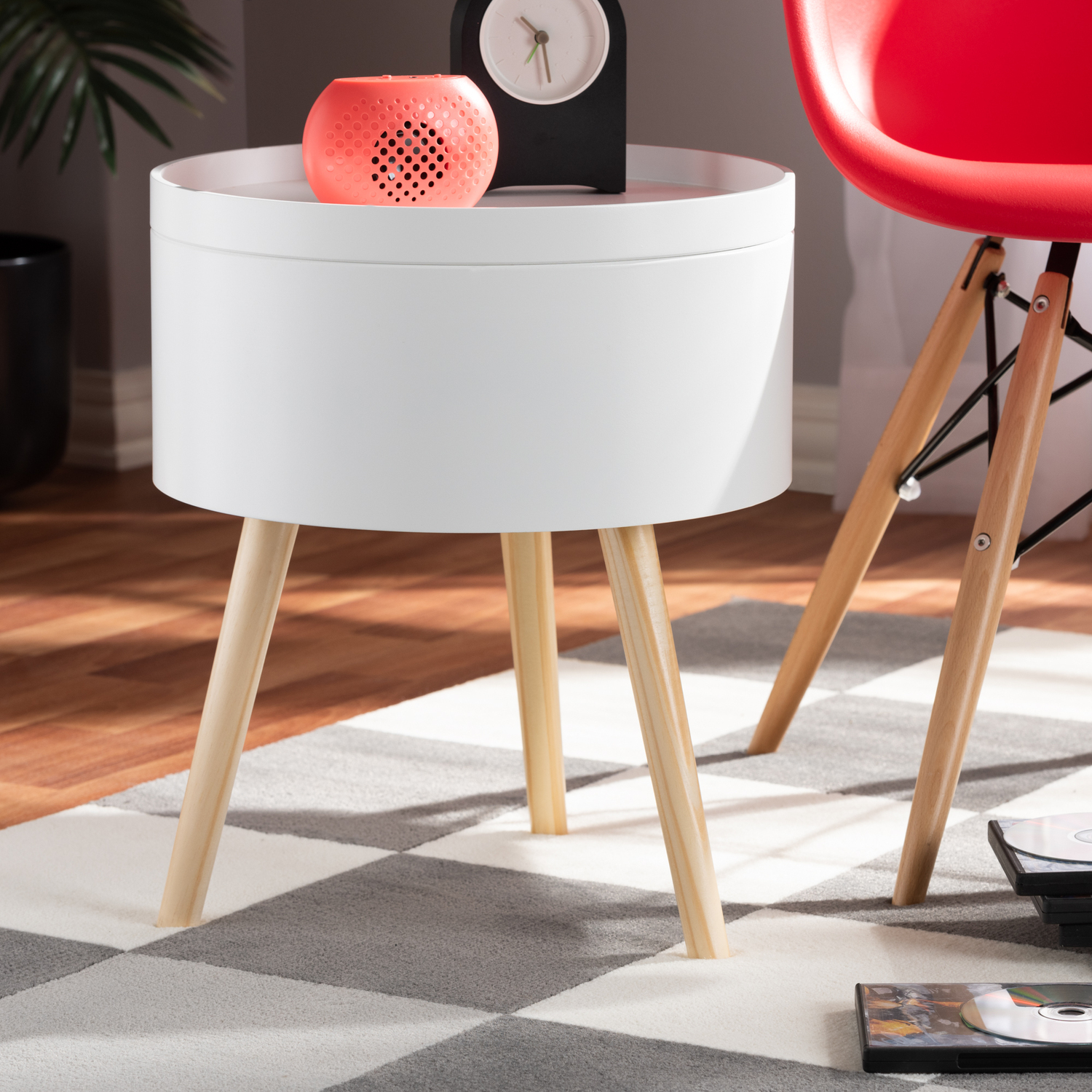 Modern Round Nightstand - White Wood Bedside Table with Removable Tray ...