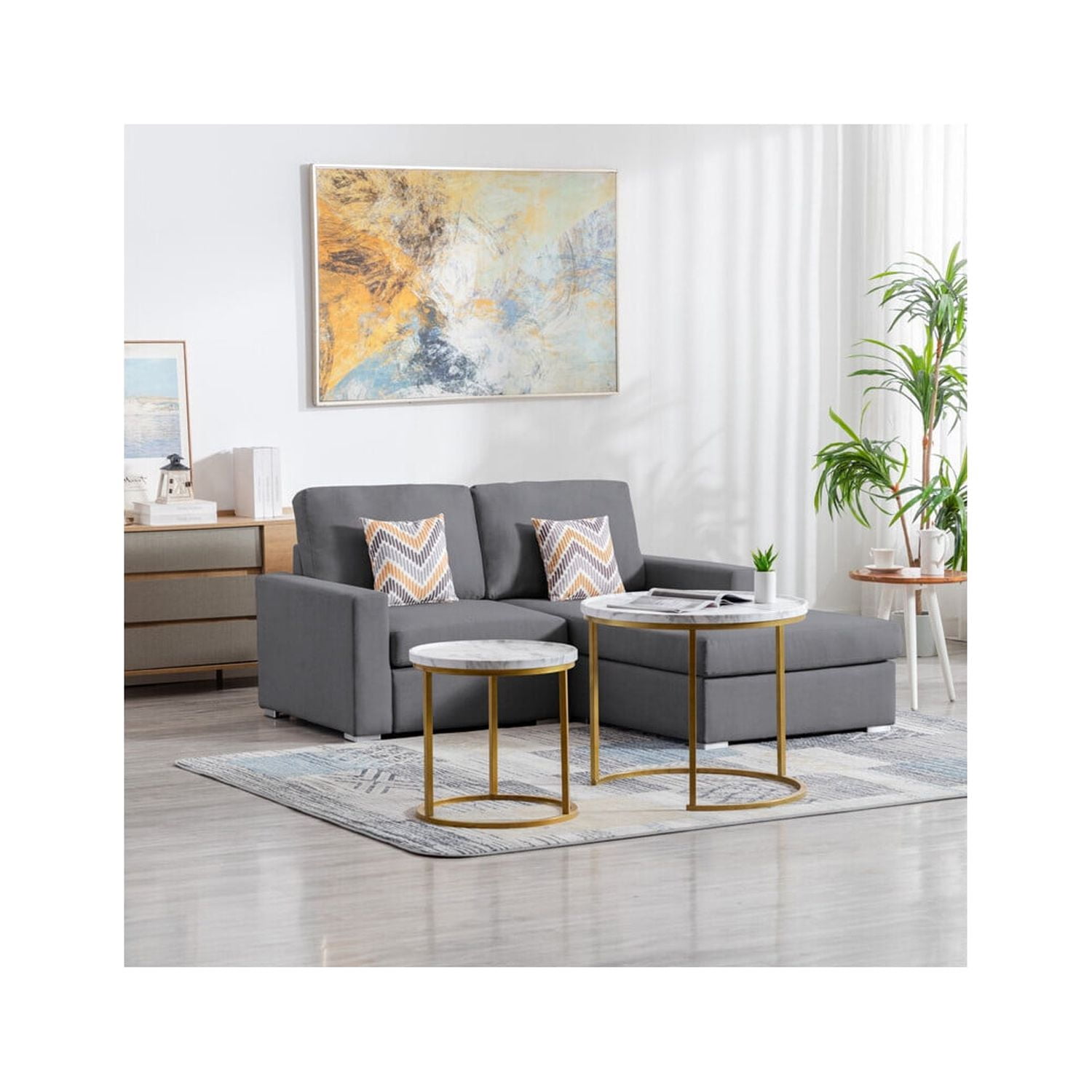 Homestock Asian Aesthetics Gray Linen Fabric 2-Seater Reversible Sofa ...