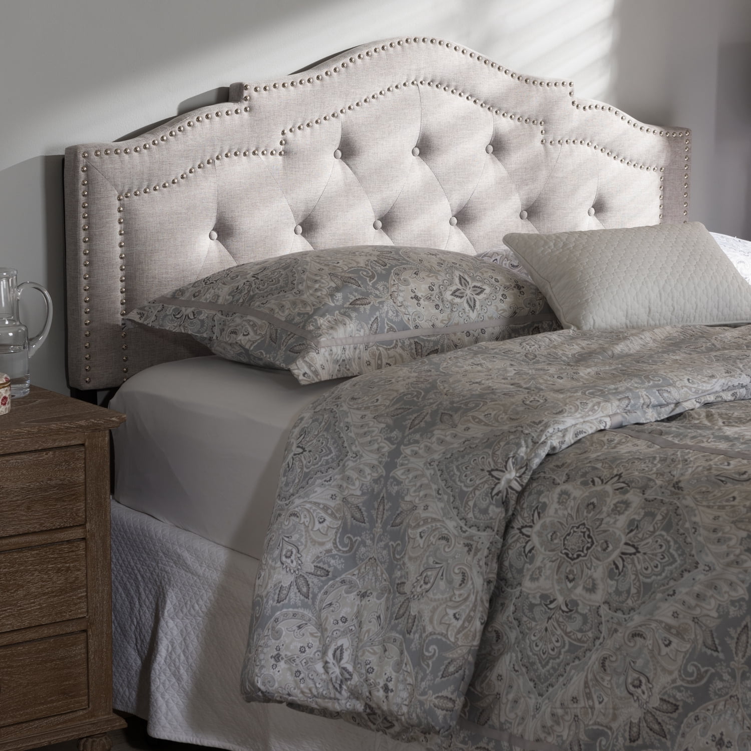 Homestock Baroque Bonanza Greyish Beige Fabric Full Size Headboard ...