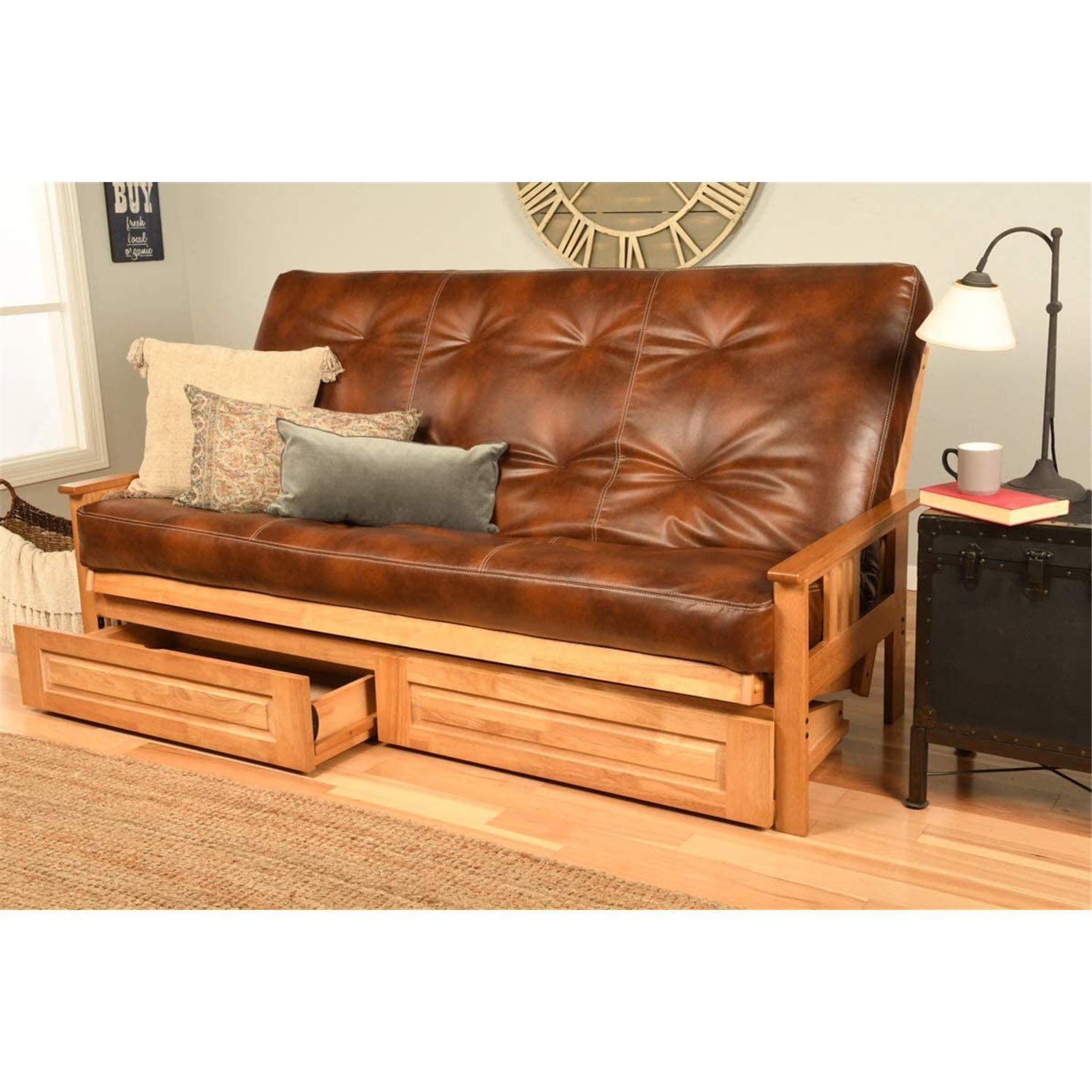 Homestock Natural Beauty Wooden Futon Frame Set with Mattress, Queen ...