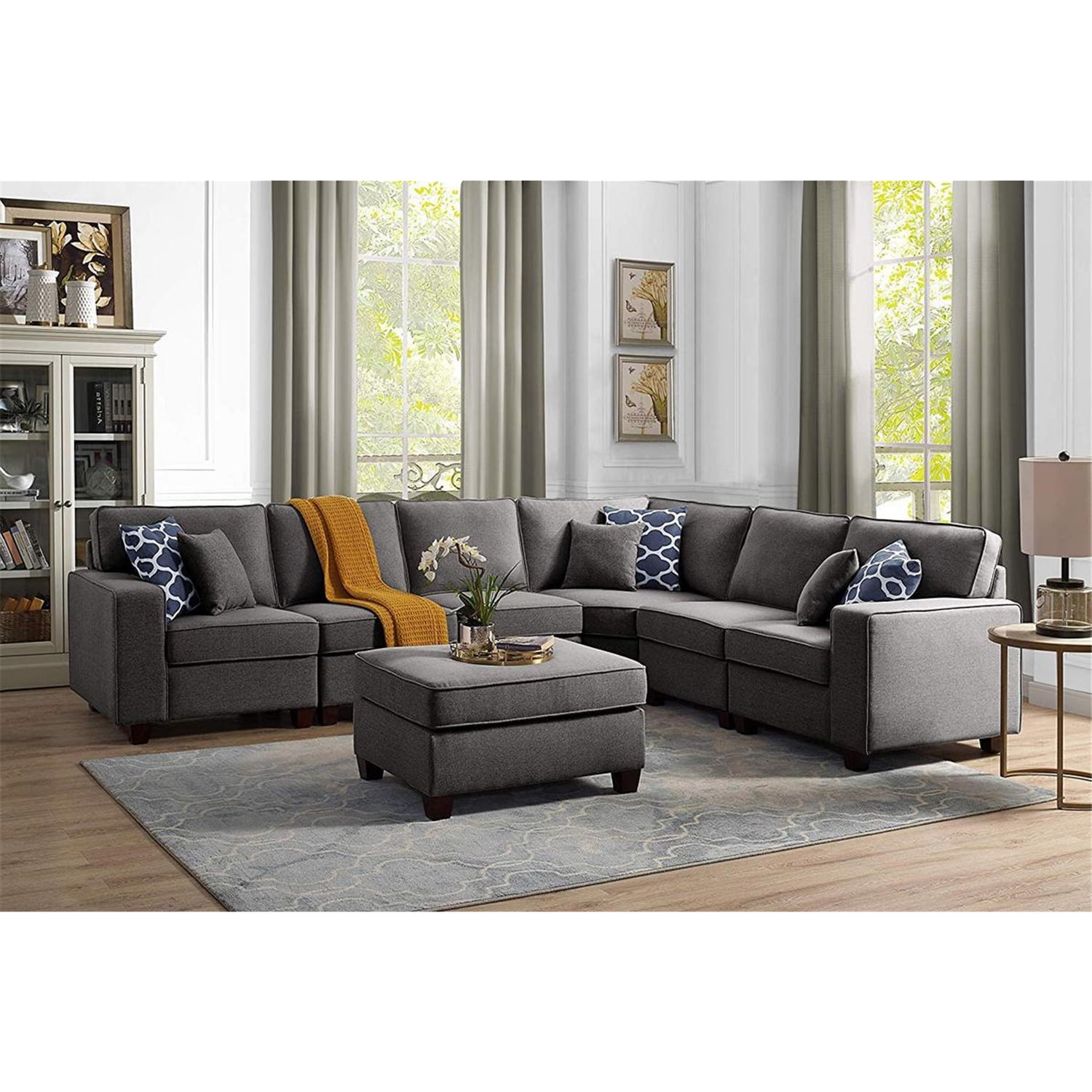 Homestock Coastal Cool Dark Gray Linen 7Pc Modular Sectional Sofa and ...