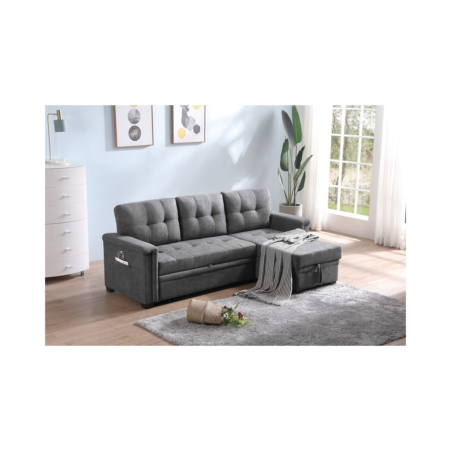 Homestock Coastal Cool Gray Woven Fabric Sleeper Sectional Sofa Chaise ...