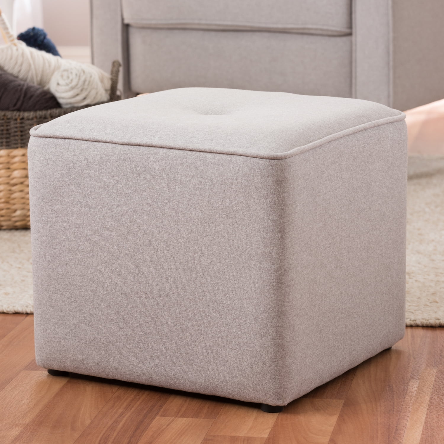 Homestock Country Cottage Light Grey Fabric Upholstered Ottoman, Square ...