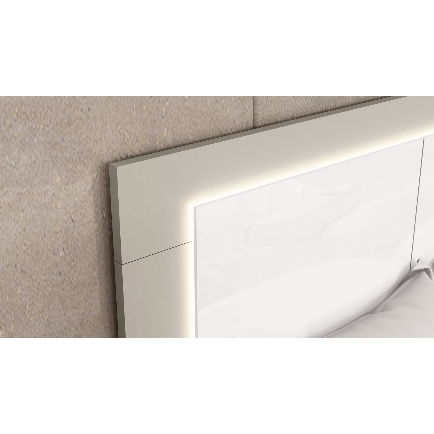 Queen Bed with High Gloss White Frame & Taupe Headboard - Modern ...