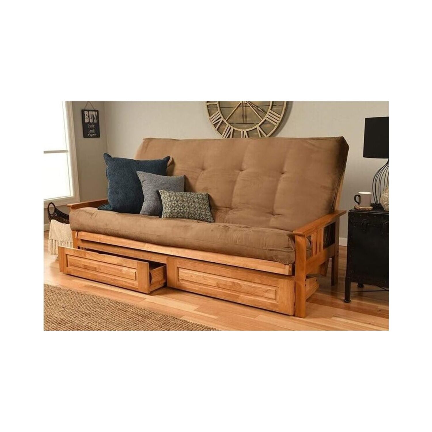 Homestock Farmhouse Fresh Futon Frame Queen Butternut Finish Suede Peat Mattress Storage Drawers Walmart
