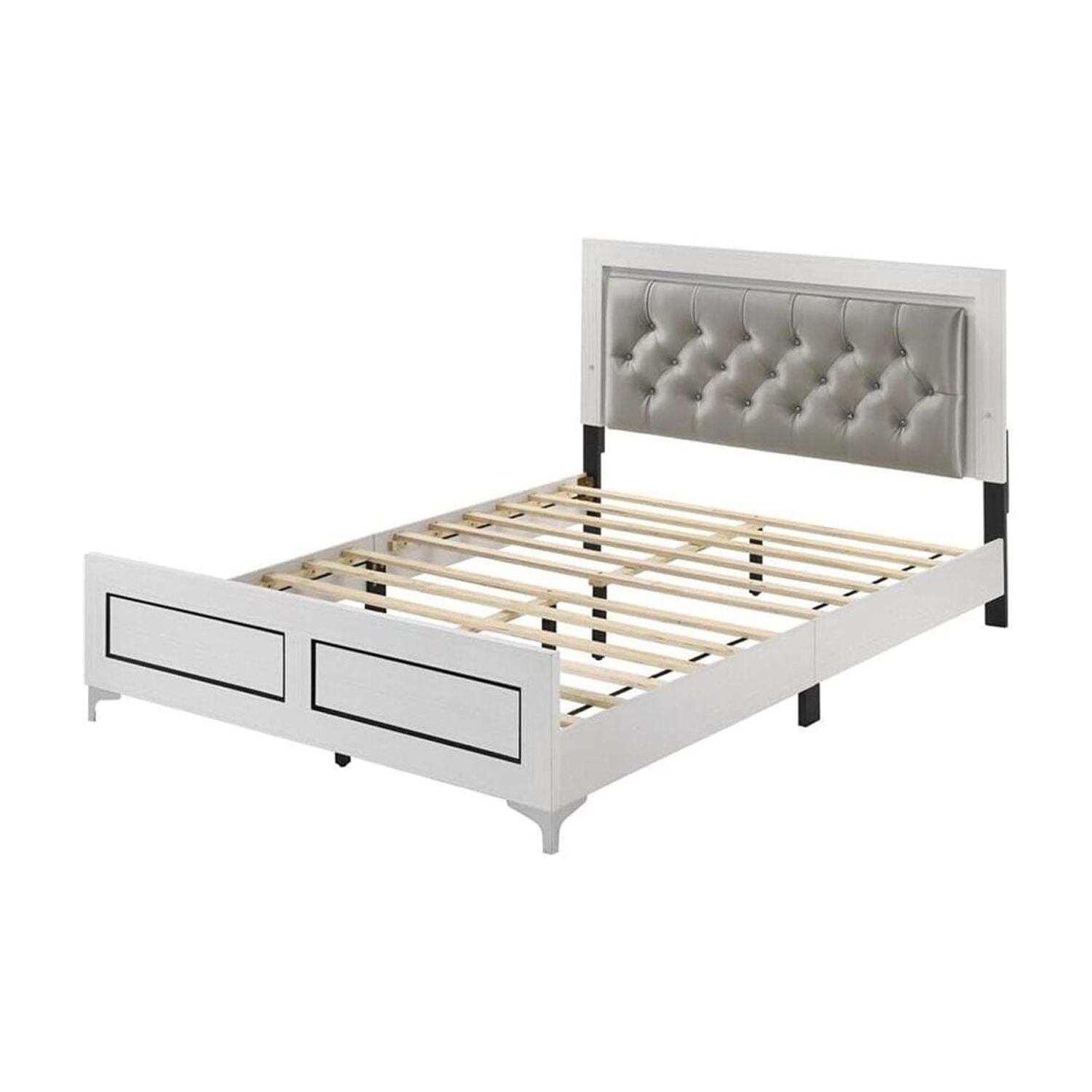 Homestock Global Glam Faux Leather Tufted Queen Bed With Led In Gray ...