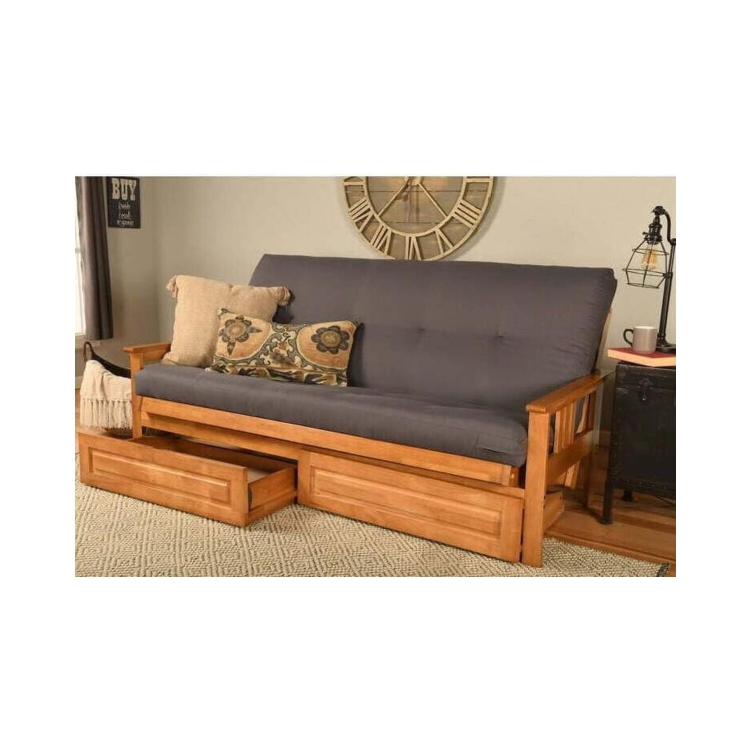 Homestock Handmade Home Butternut Finish Futon Frame Set with Mattress ...