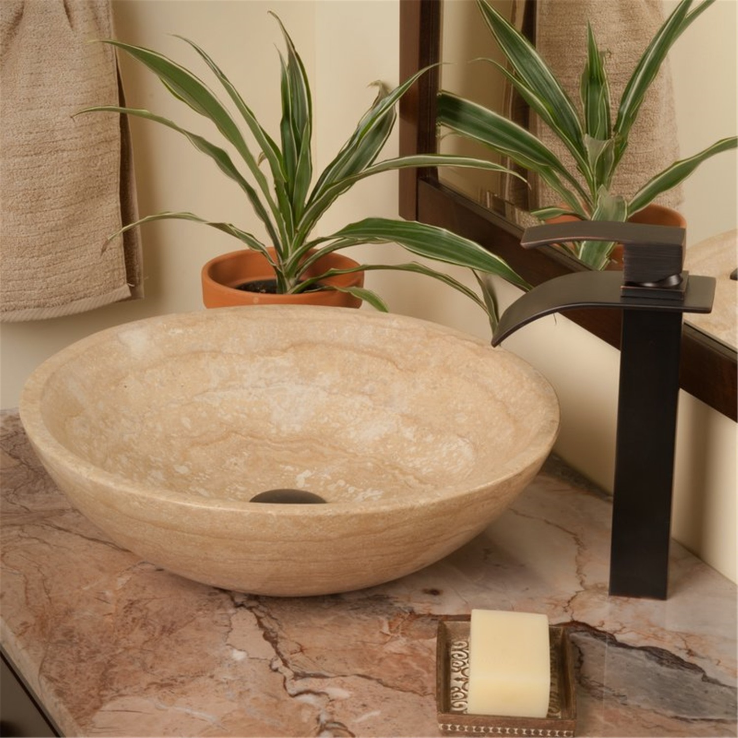 Homestock Handmade Home Travertine Vessel Sink Set - Polished Beige ...