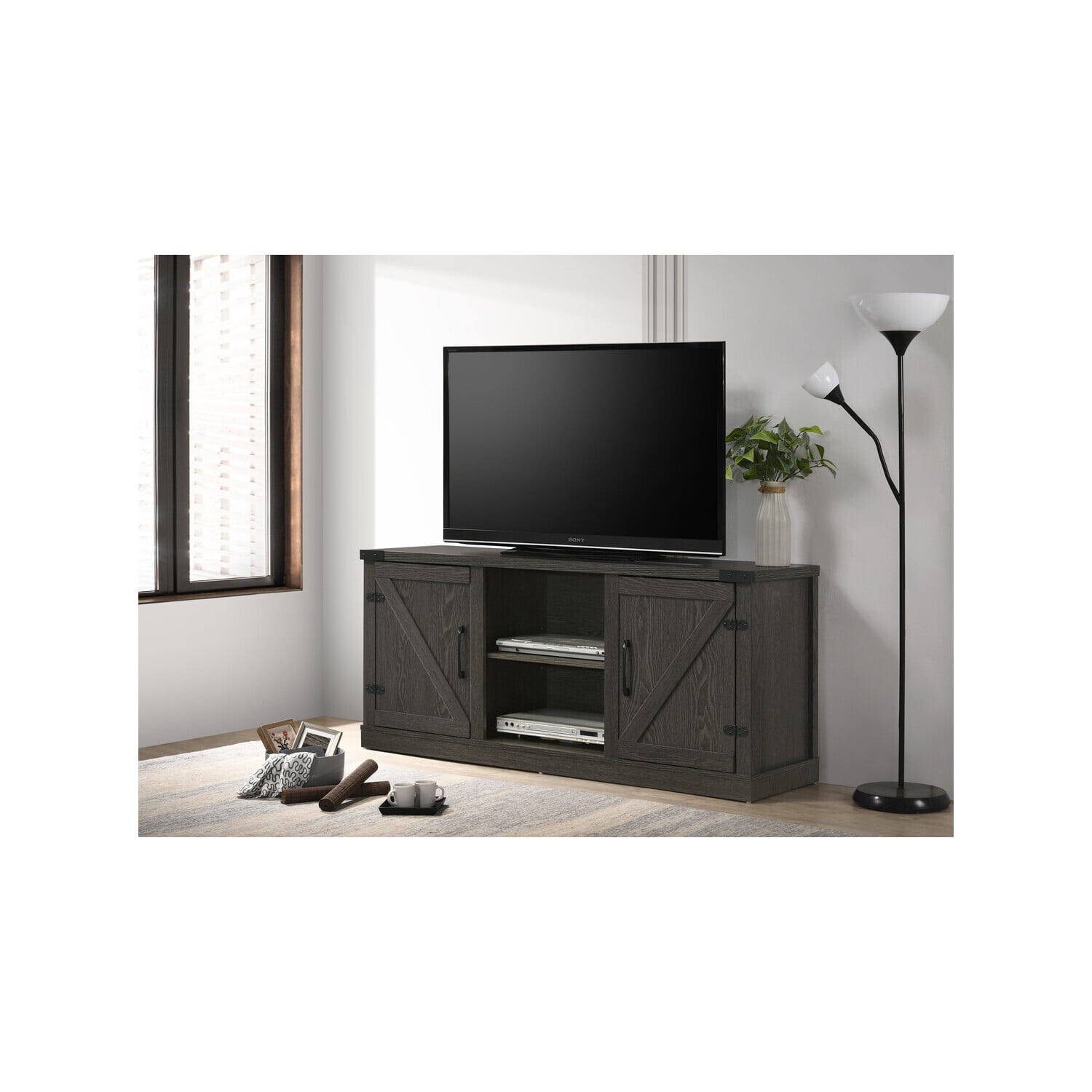 Homestock Mid-Century Marvel Dark Gray 58" Wide TV Stand with 2 Open ...