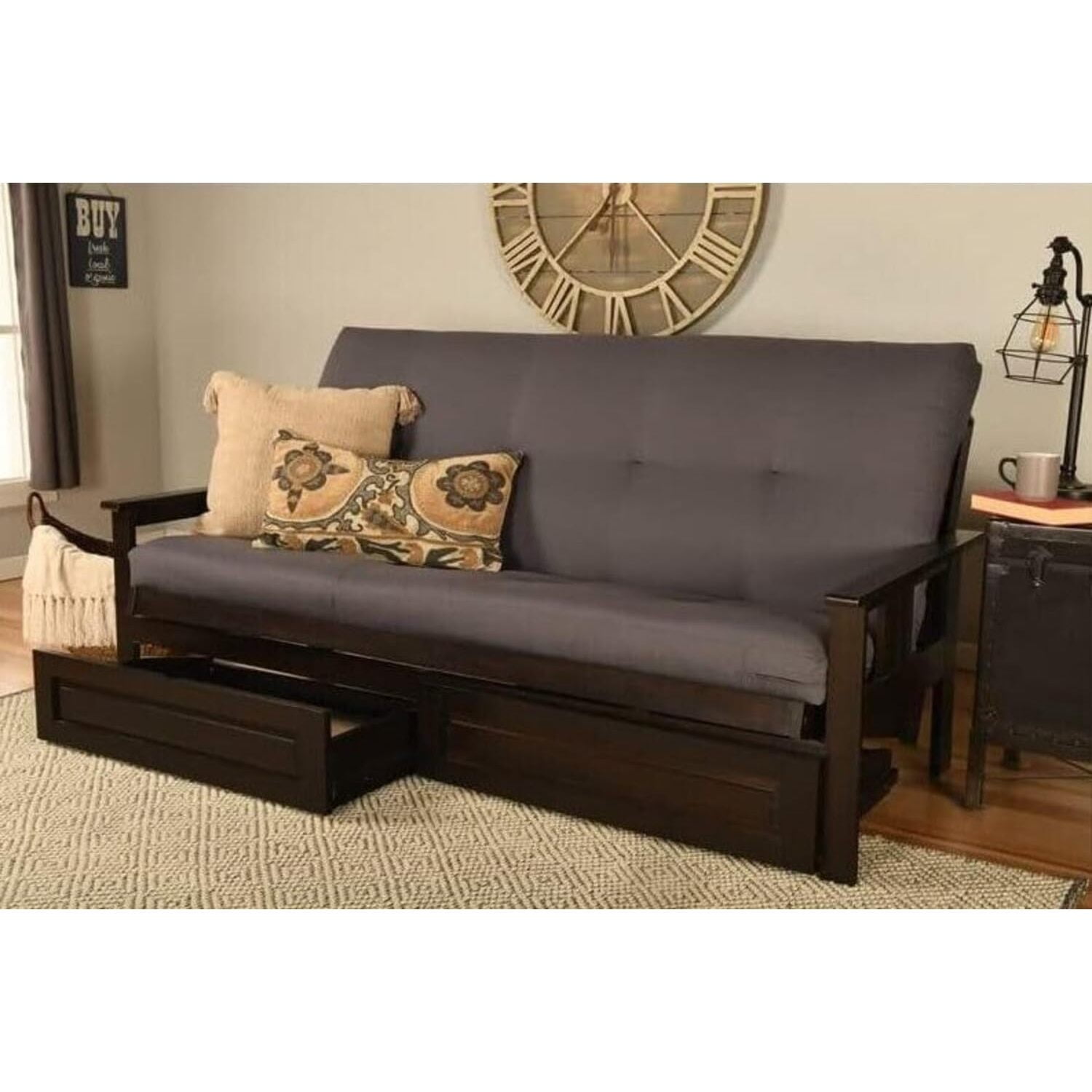 Homestock Modern Minimalism Wooden Futon Frame Set in Espresso Finish ...