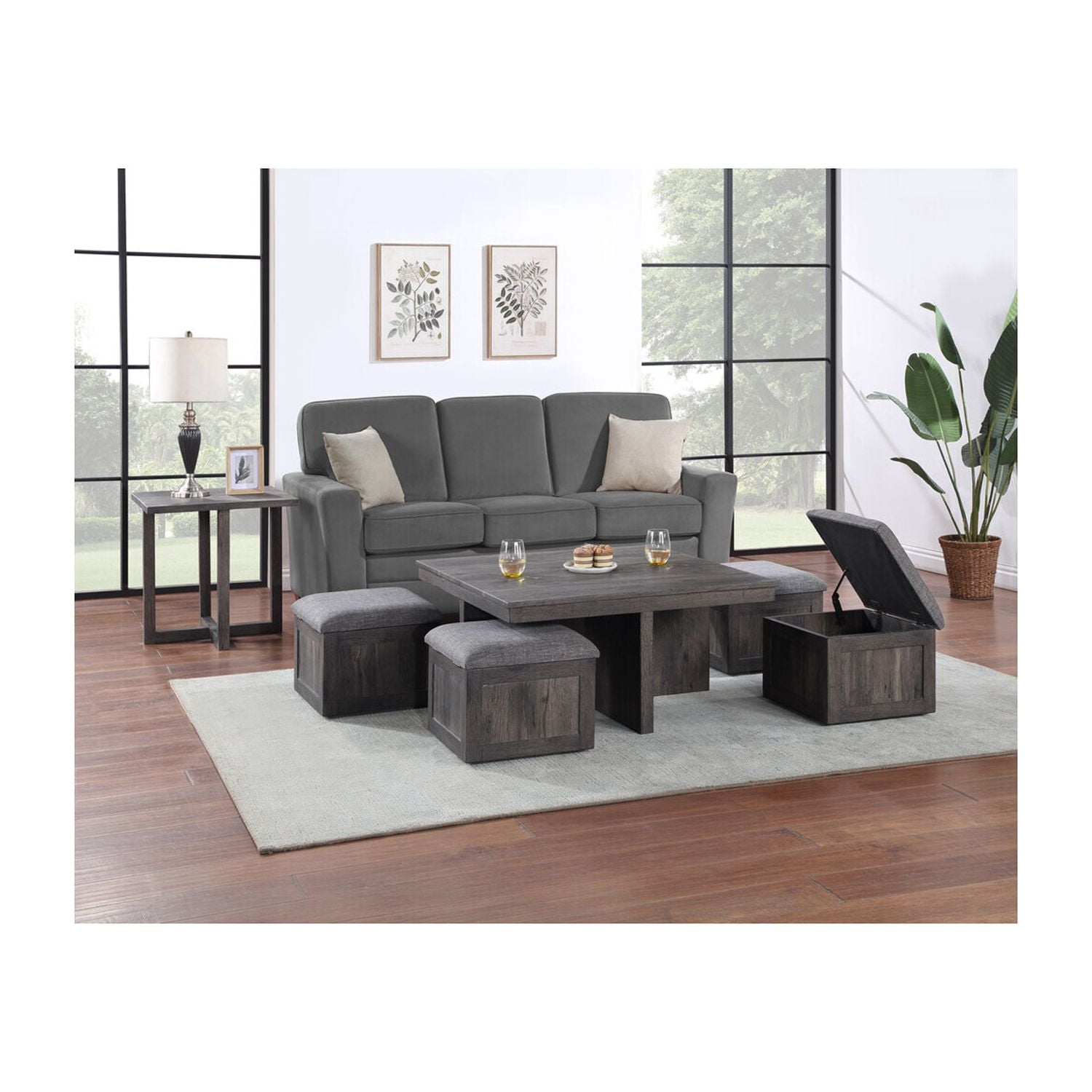Homestock Modern Muse Coffee Table with Storage Stools and End Table ...