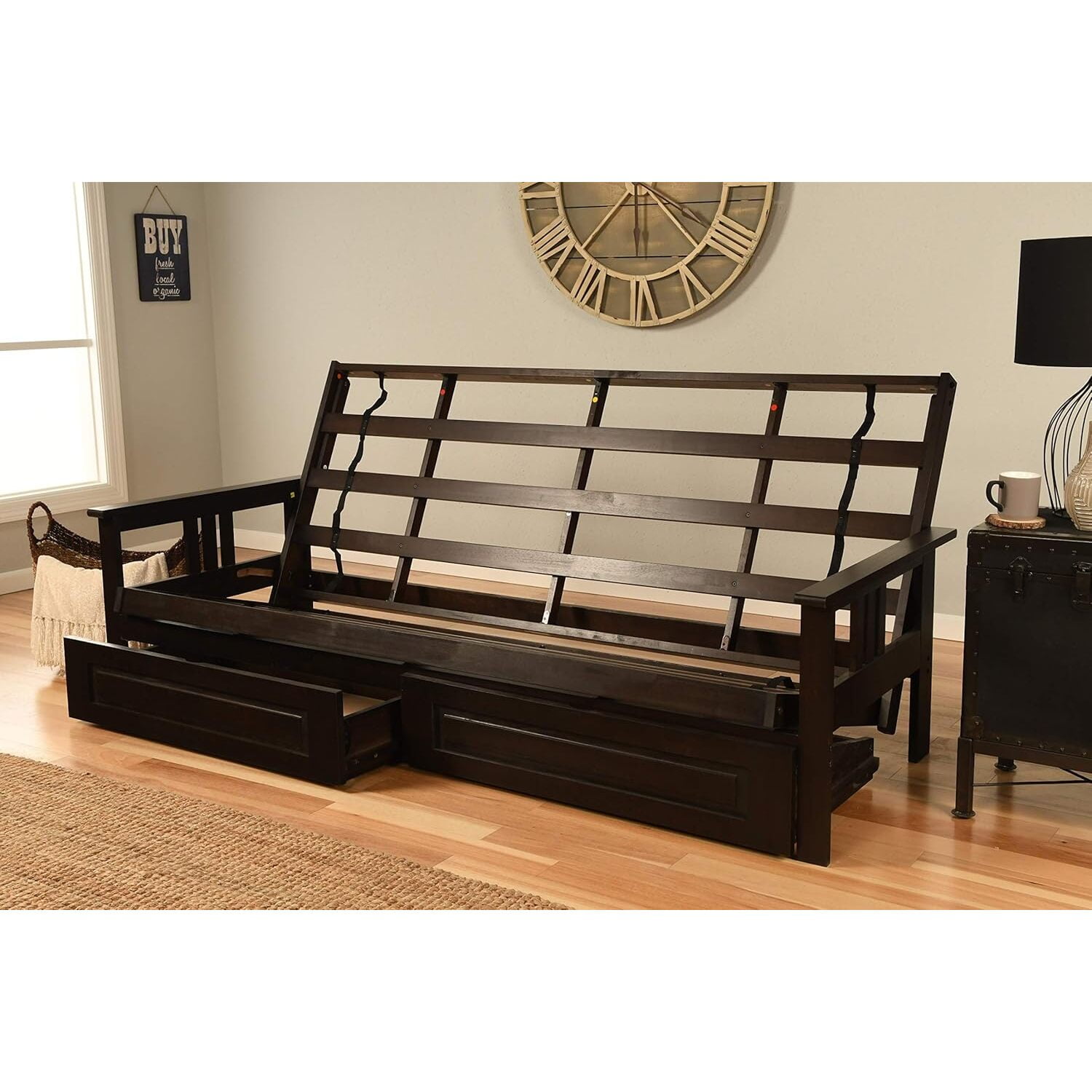 Homestock Natural Beauty Wooden Futon Frame Set with Mattress, Queen ...