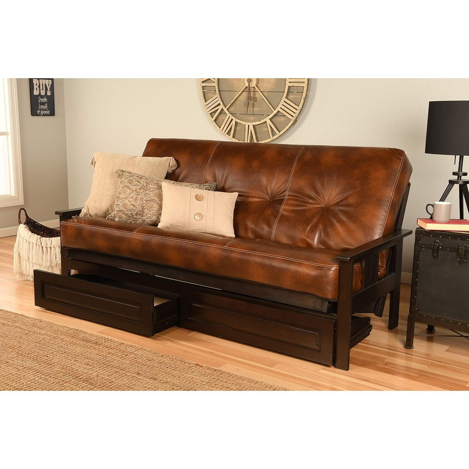 Wooden Futon Frame Set - Convertible Sofa Bed with Mattress - Espresso ...