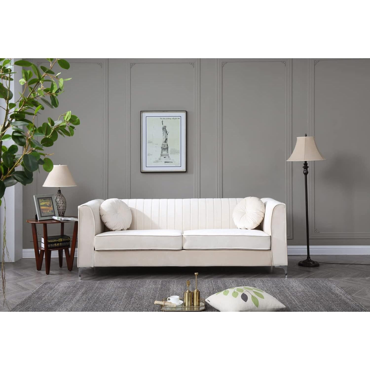 Retro Velvet Sofa - Channel Tufted Ivory Sofa, 87" Comfortable Seating ...