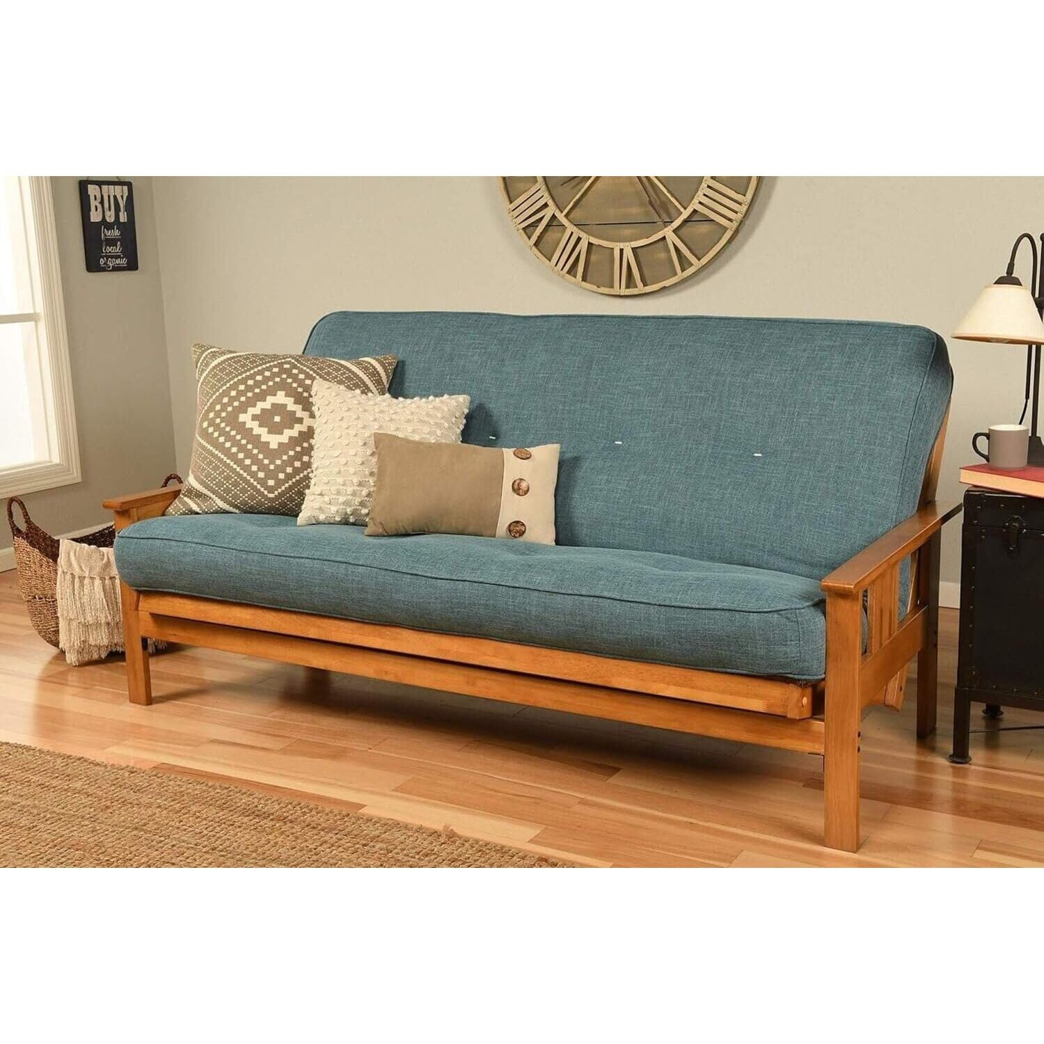 Homestock Handmade Home Butternut Finish Futon Frame Set with Mattress ...