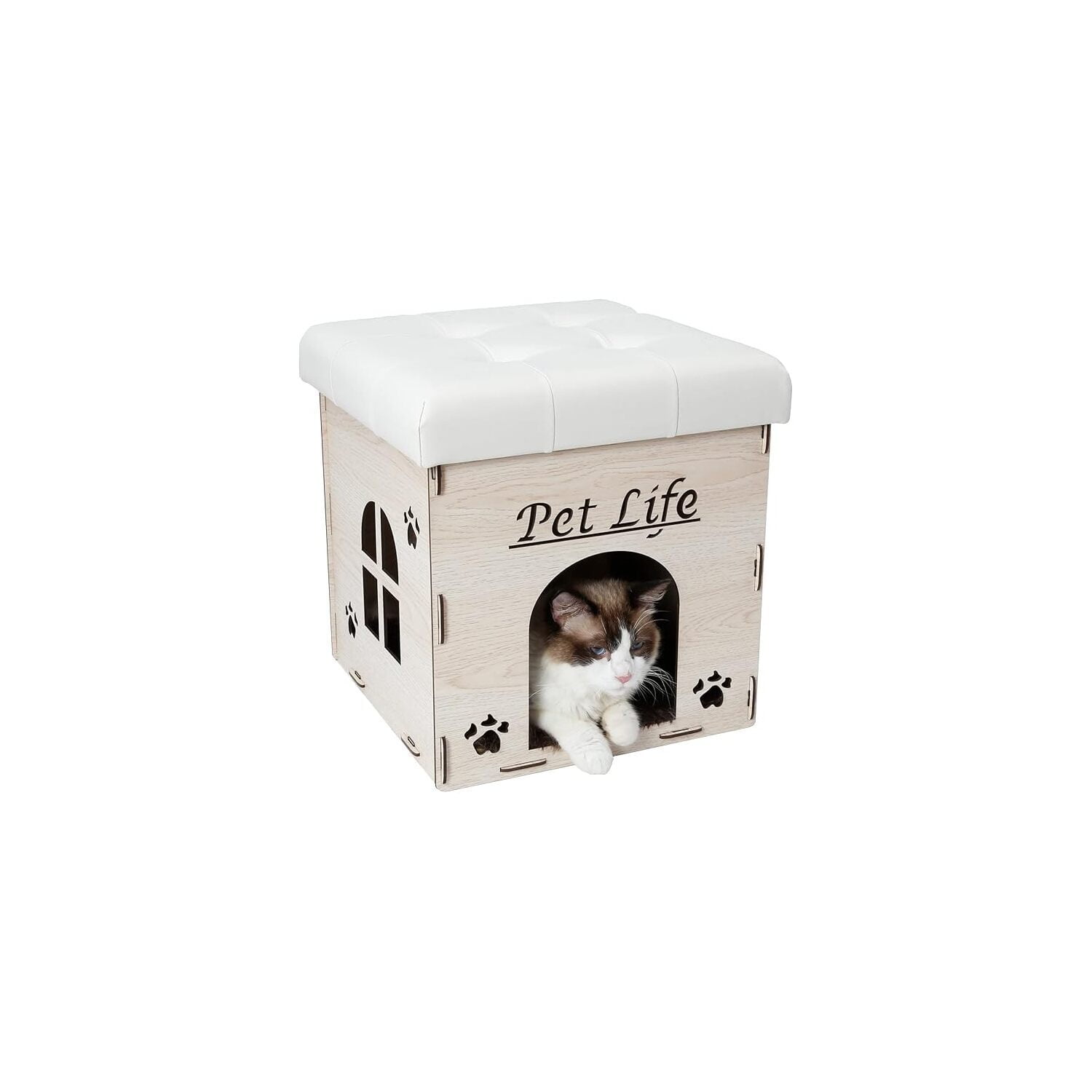 Designer Cat House Furniture Bench - Foldable Cat Bed, White Leather ...