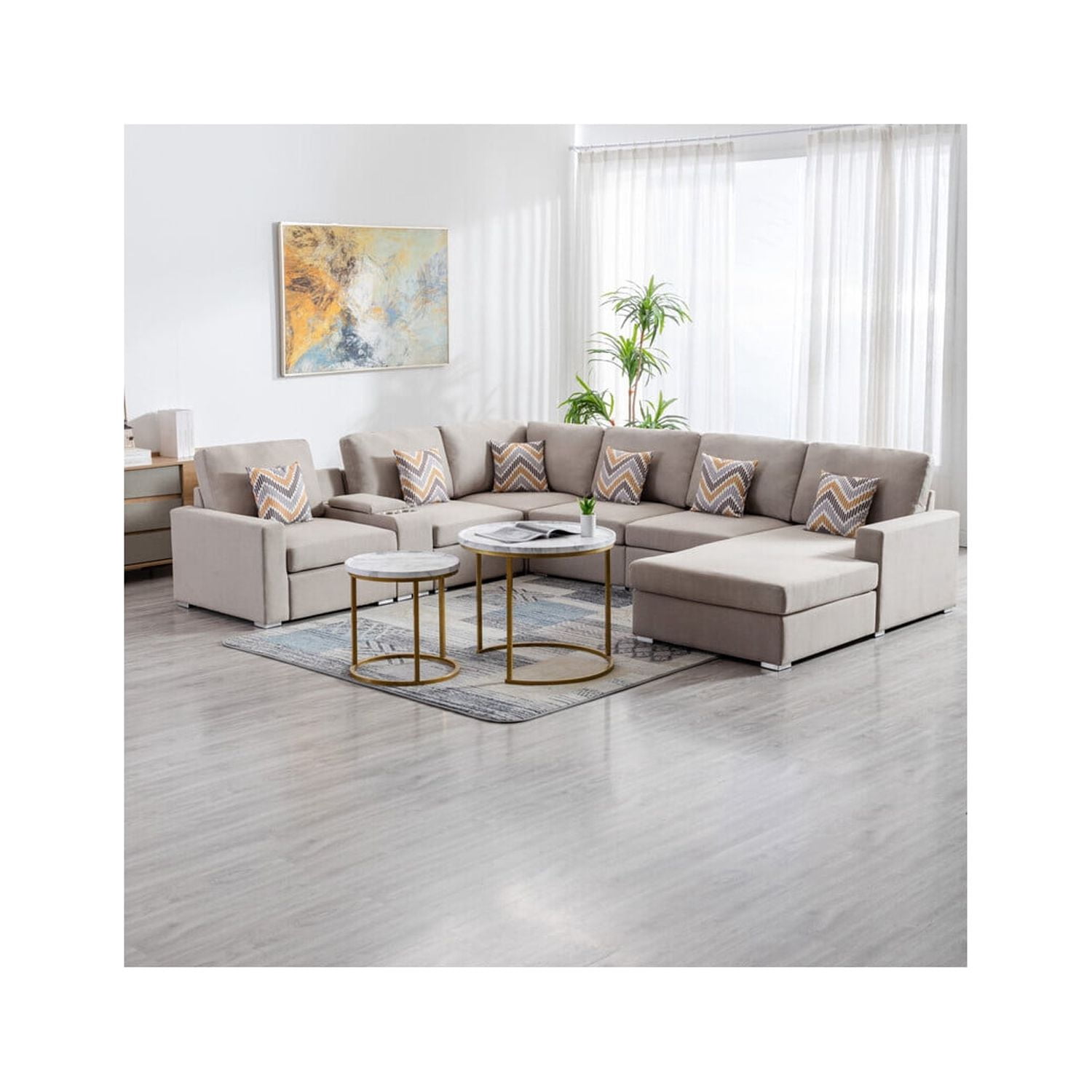 Homestock Rustic Ranch Linen Fabric 7Pc Reversible Chaise Sectional ...