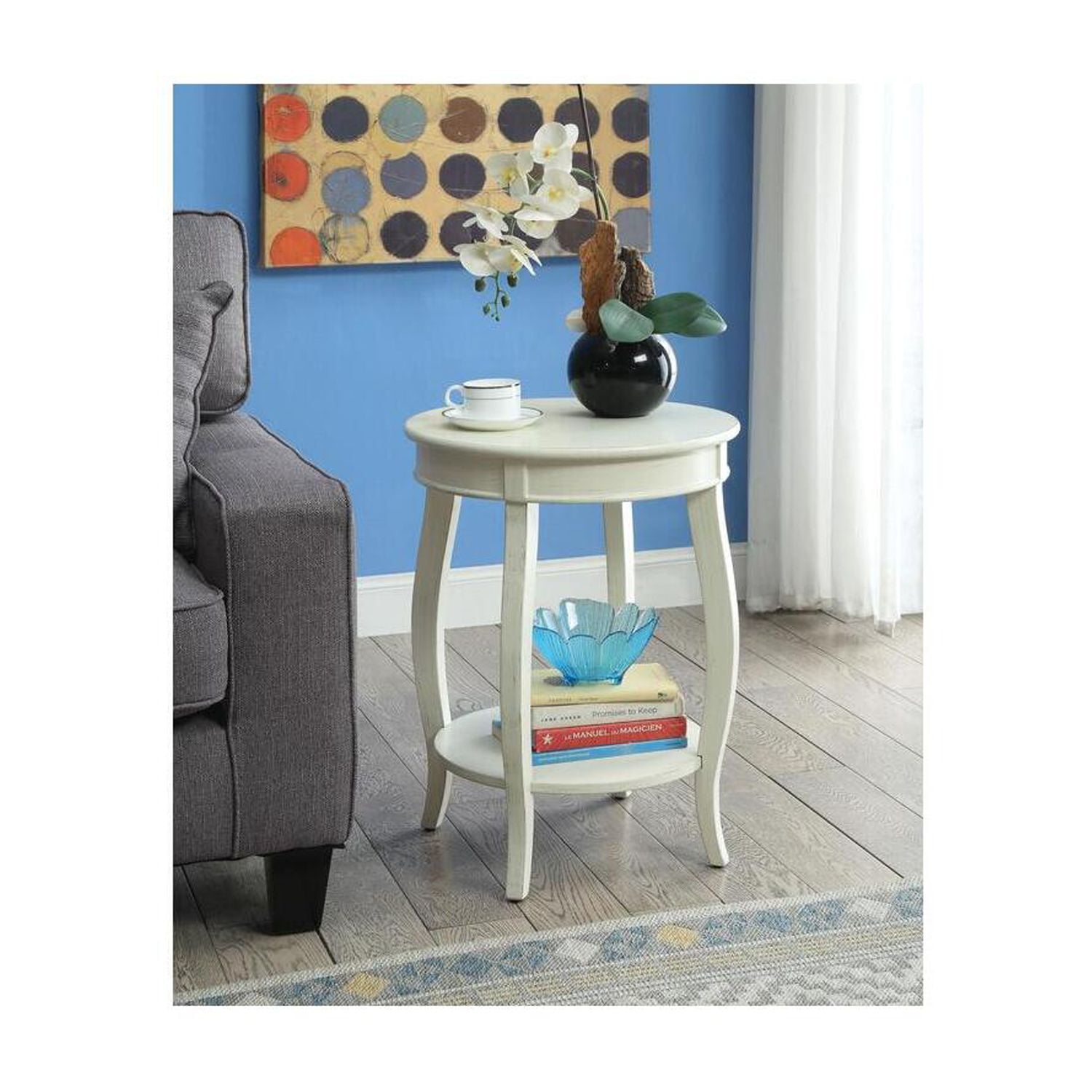 HomeStock Rustic Romance Side Table, Antique White Finish, Round Top ...
