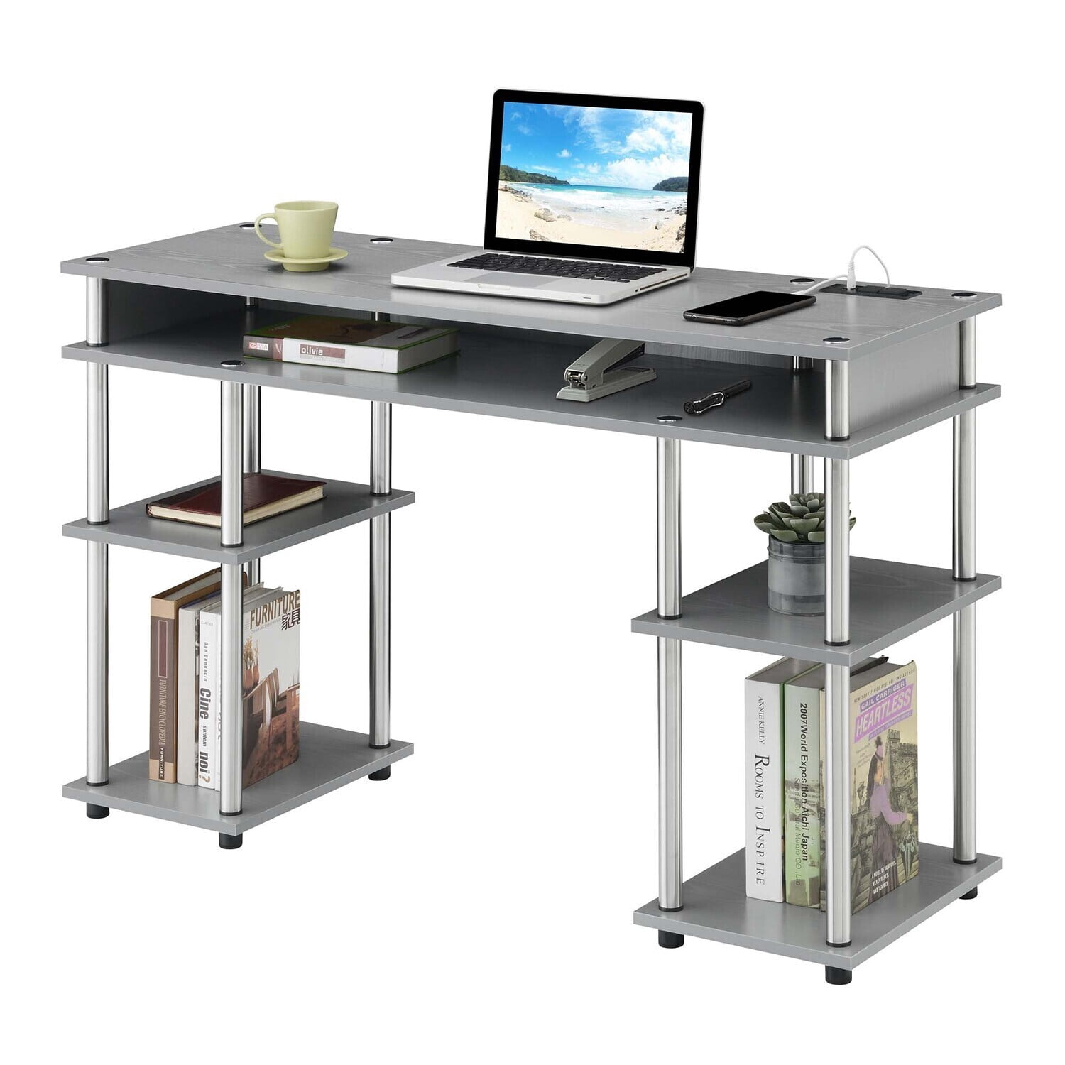 Student Desk with Charging Station & Shelves - Modern Study Table, Gray ...