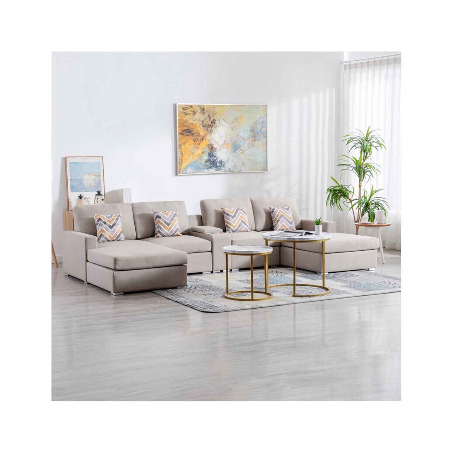 Homestock Vintage Visions Beige Linen Fabric 5Pc Double Chaise Sectional Sofa with ...