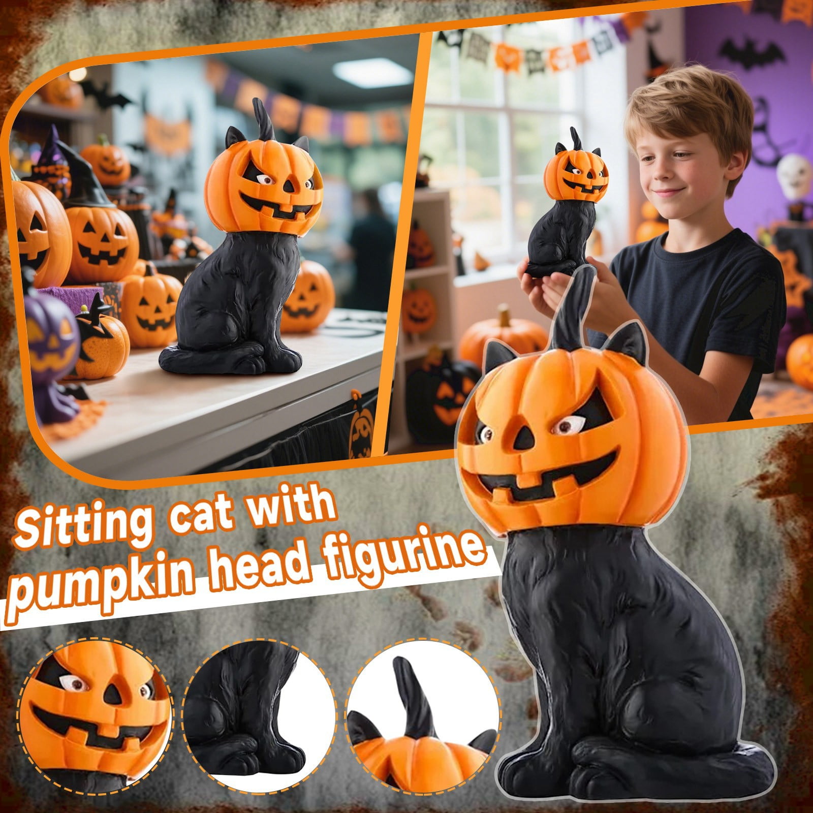 At Homestores Halloween Black Cat with Pumpkin Head Statue, Spooky Jack ...