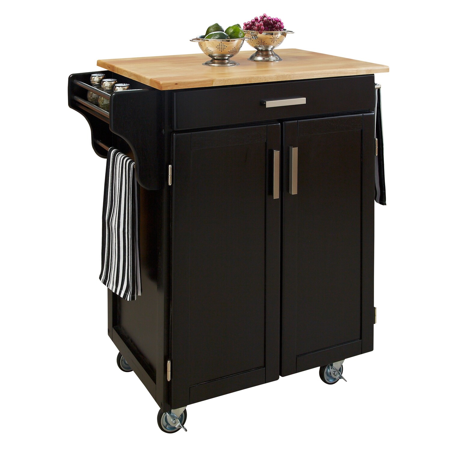 Homestyles Natural Wood Kitchen Cart with Wheels, Black Finish ...