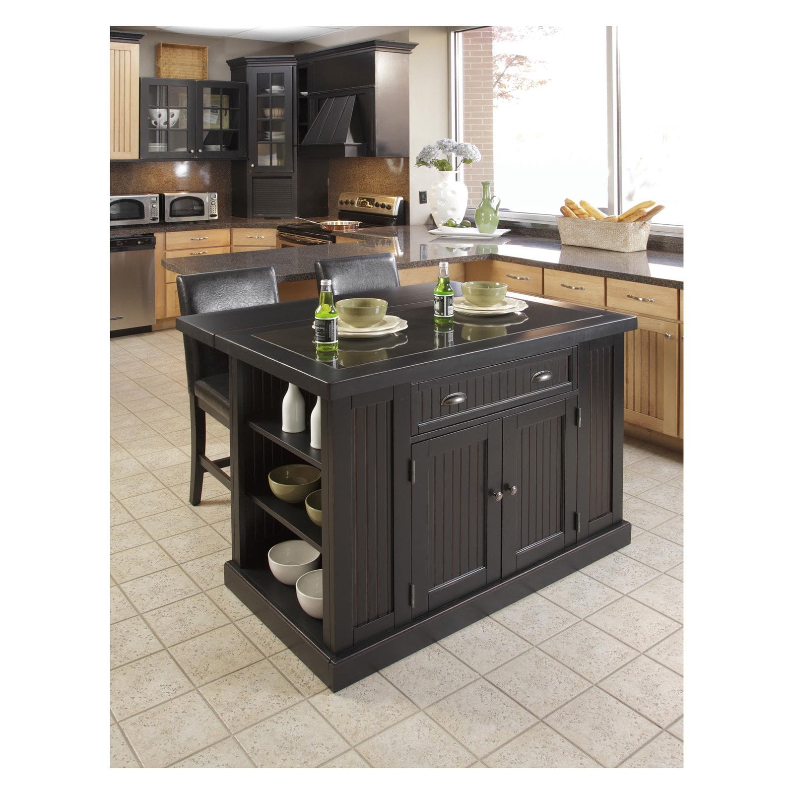 Homestyles Nantucket 3 Piece Black Kitchen Island Set with Seating ...