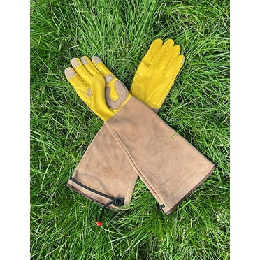 HANDLANDY Women Cowhide Thorn Proof Gardening Gloves, Long Gauntlet Heavy Duty Garden Gloves ...
