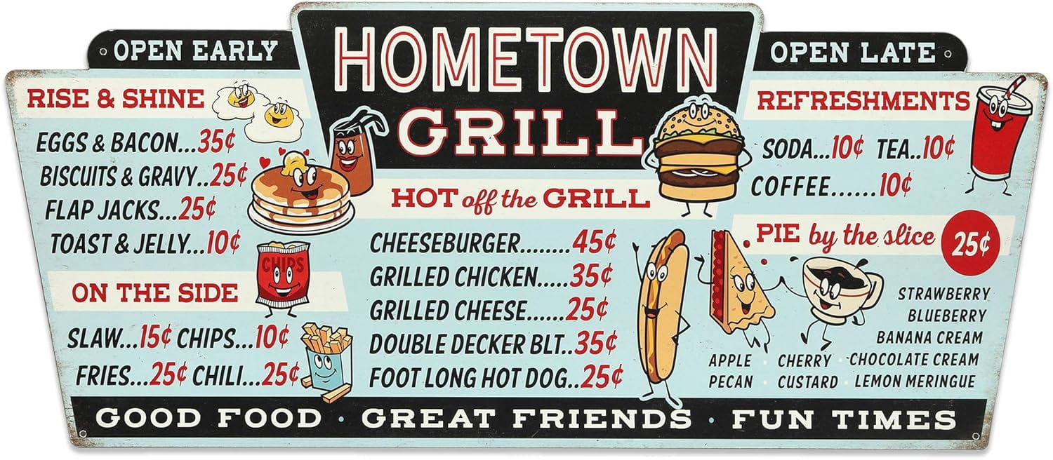 Hometown Grill Menu Metal Wall Decor - Large Distressed Menu Sign for ...