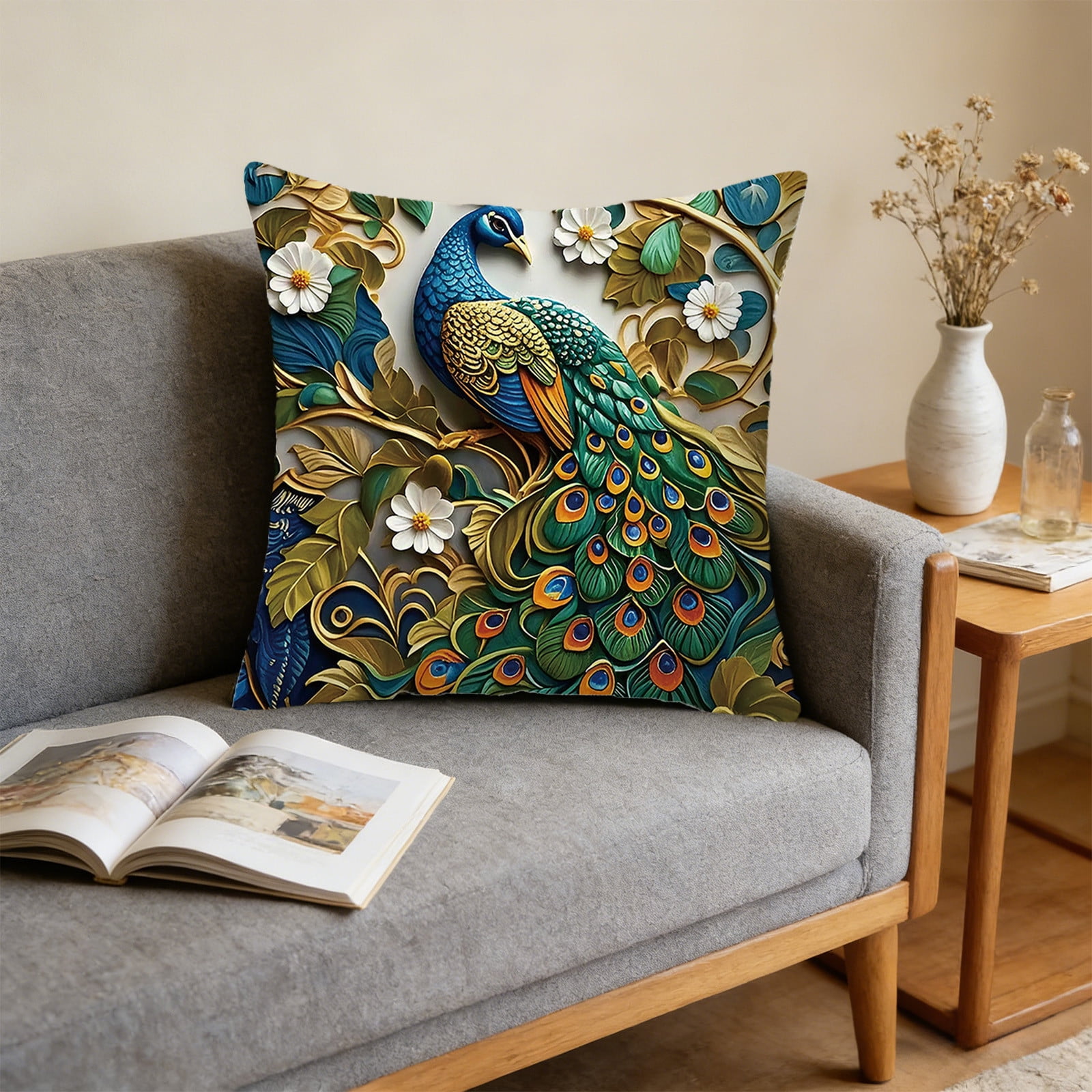 Hometravel 2D Peacock Drawing Embroidered Pillow Cover, Vintage 3D ...