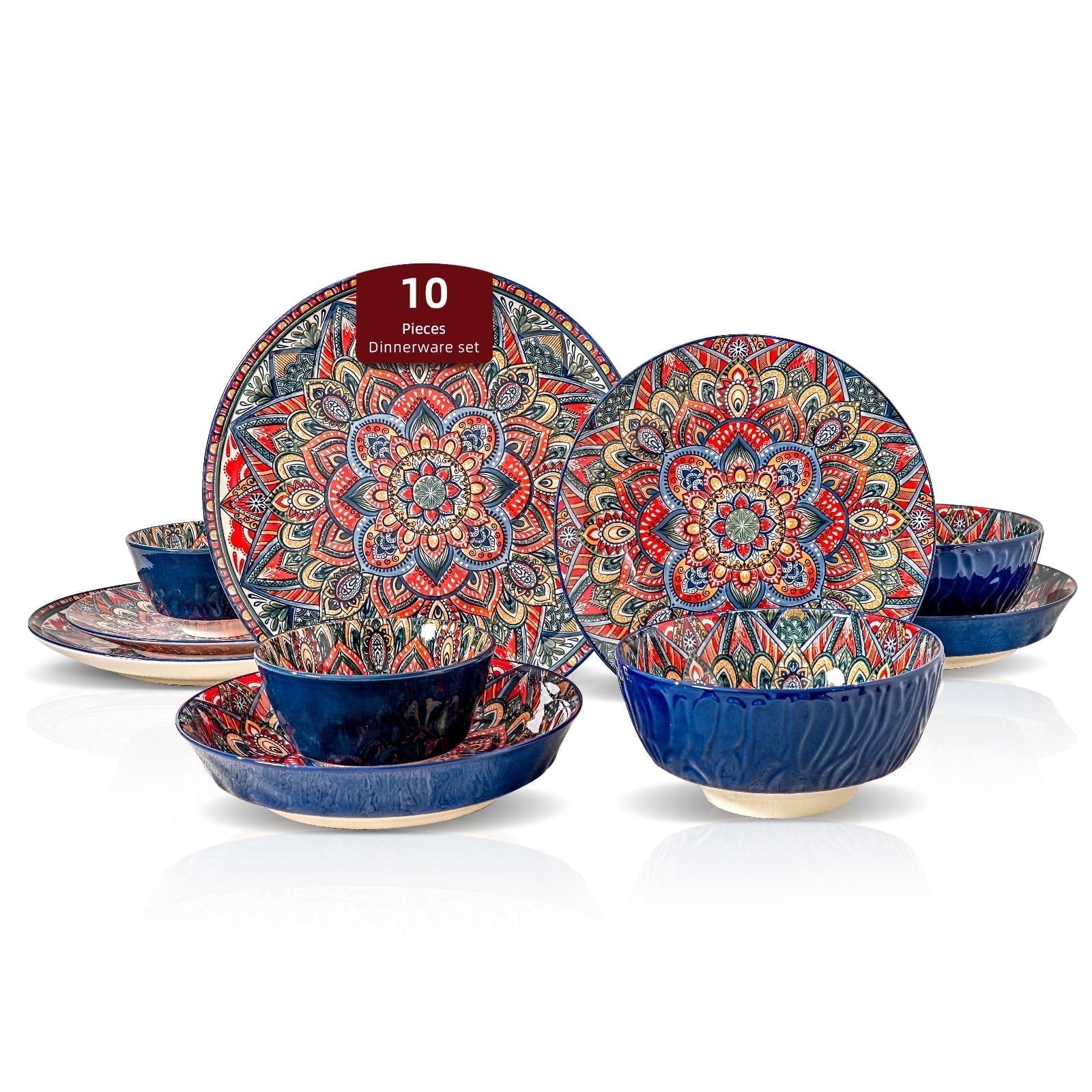 Homevss Boho 10 Pieces Dinnerware Sets, Plates and Bowls Set, Porcelain ...