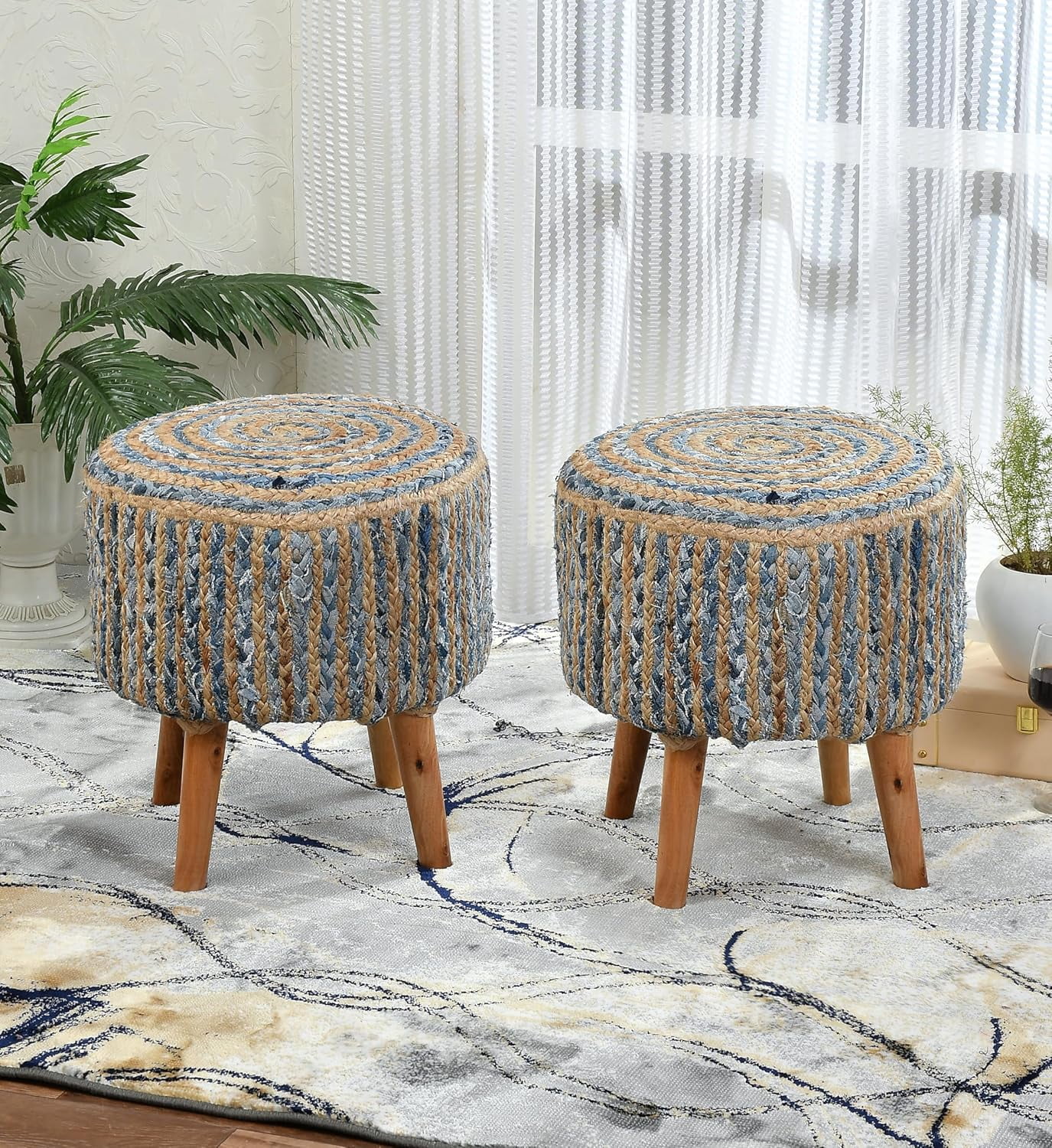 HomewayTex Indigo Denim Jute for Living Room Sitting Foam Cushioned ...