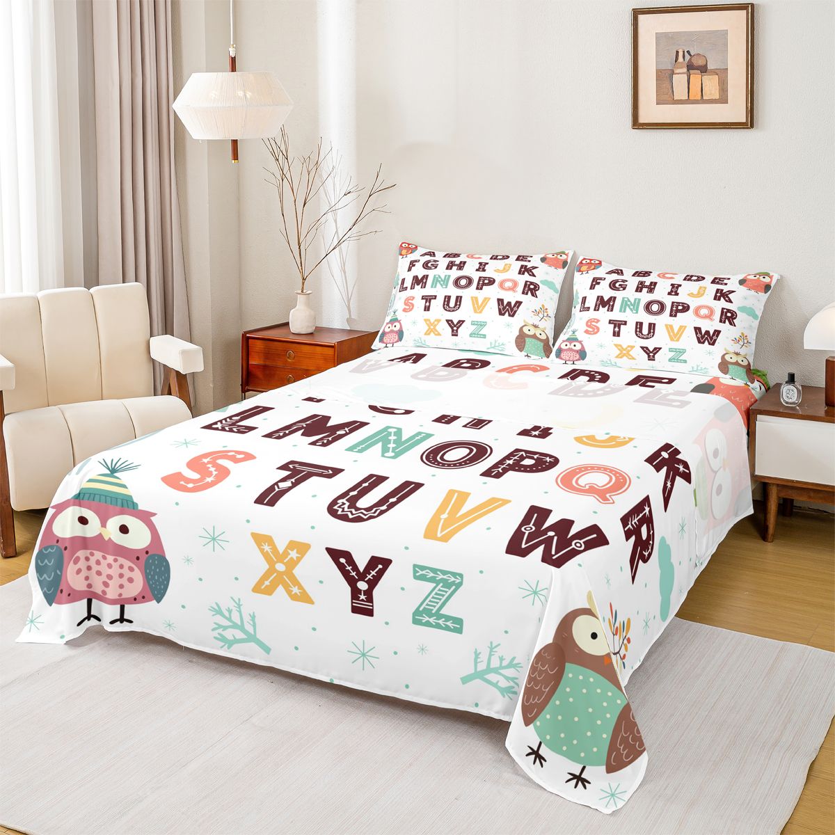 Homewish 26 Letters Alphabet Queen Sheet Sets,Cute Cartoon Owls Flat ...