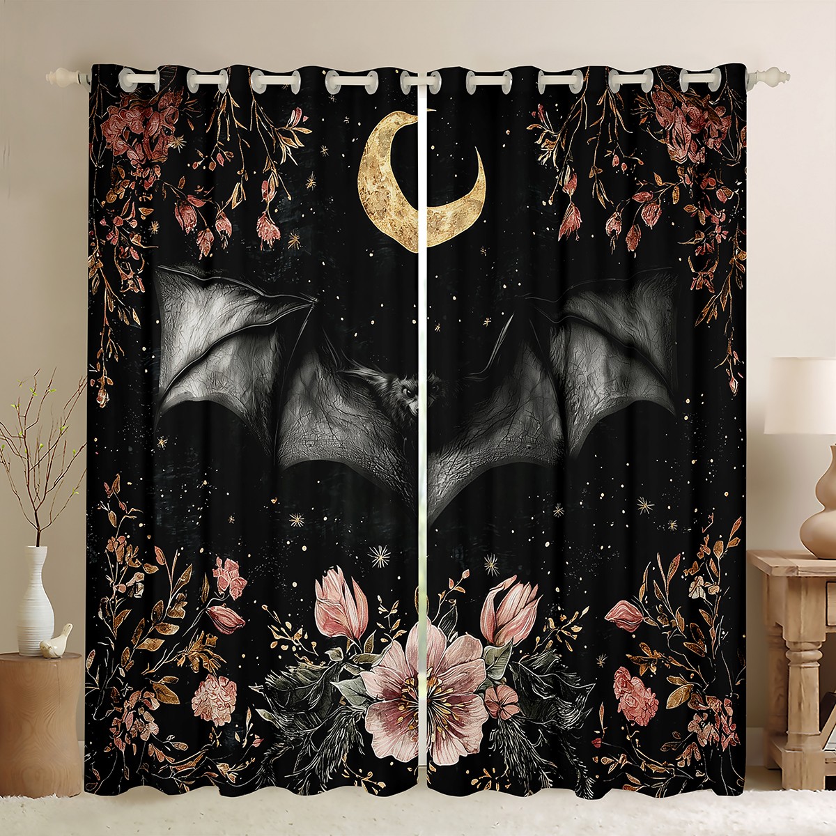 Homewish 3D Black Bat Animal Black Out Curtains, Farmhouse Flower ...